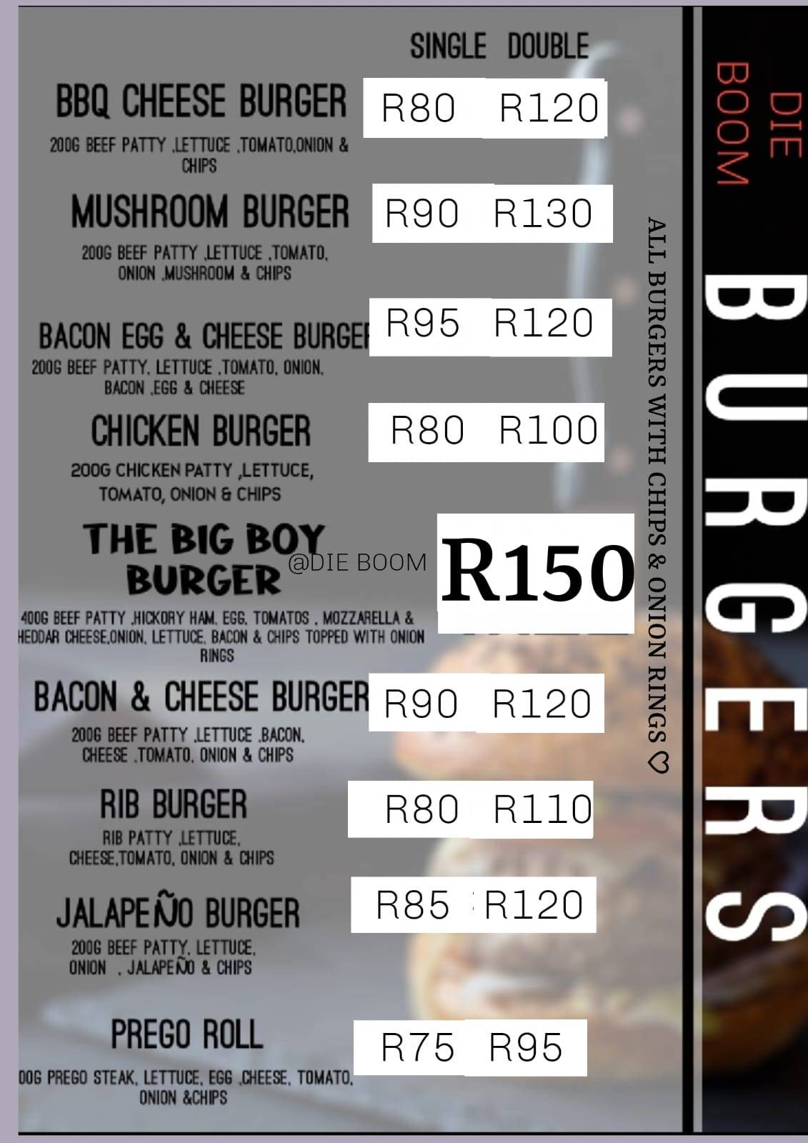 Menu at Die Boom restaurant, Pretoria