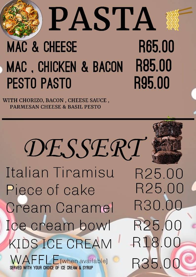 Menu at Die Boom restaurant, Pretoria