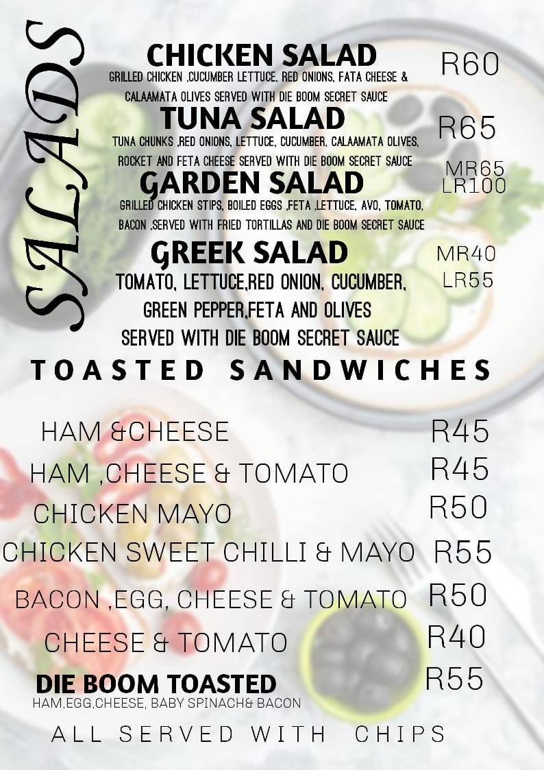 Menu at Die Boom restaurant, Pretoria