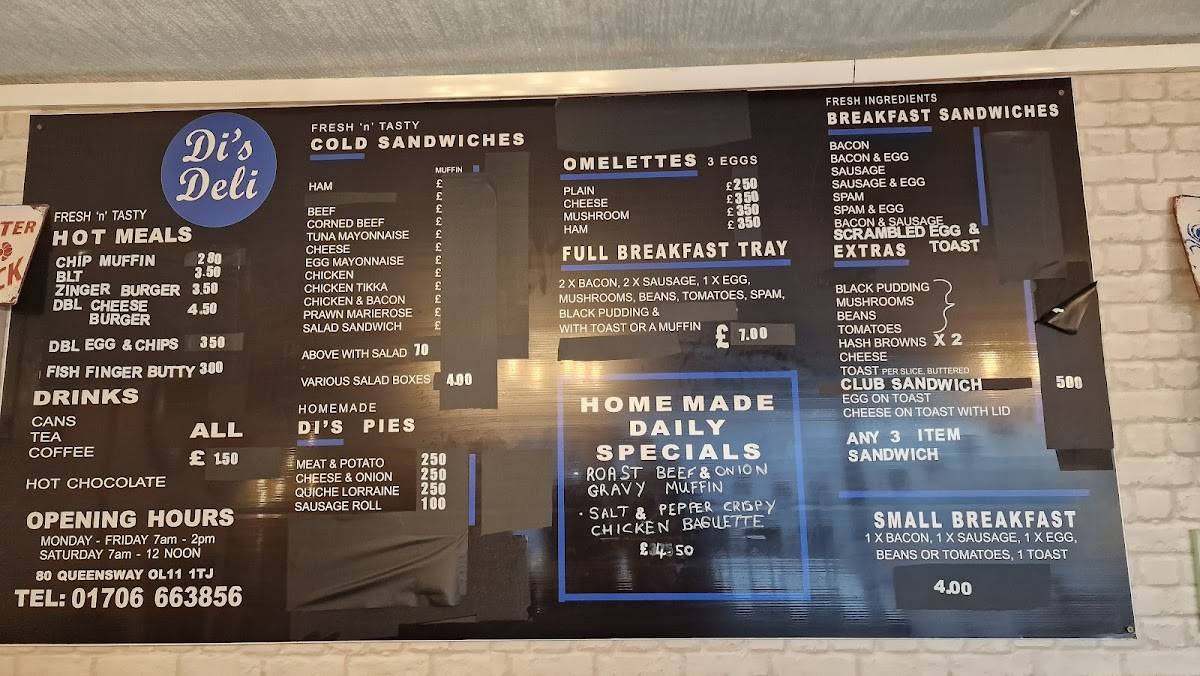 Menu at Di’s Deli, Rochdale, 80 Queensway