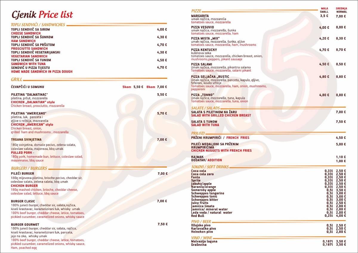 Menu at Dish5 restaurant, Brela