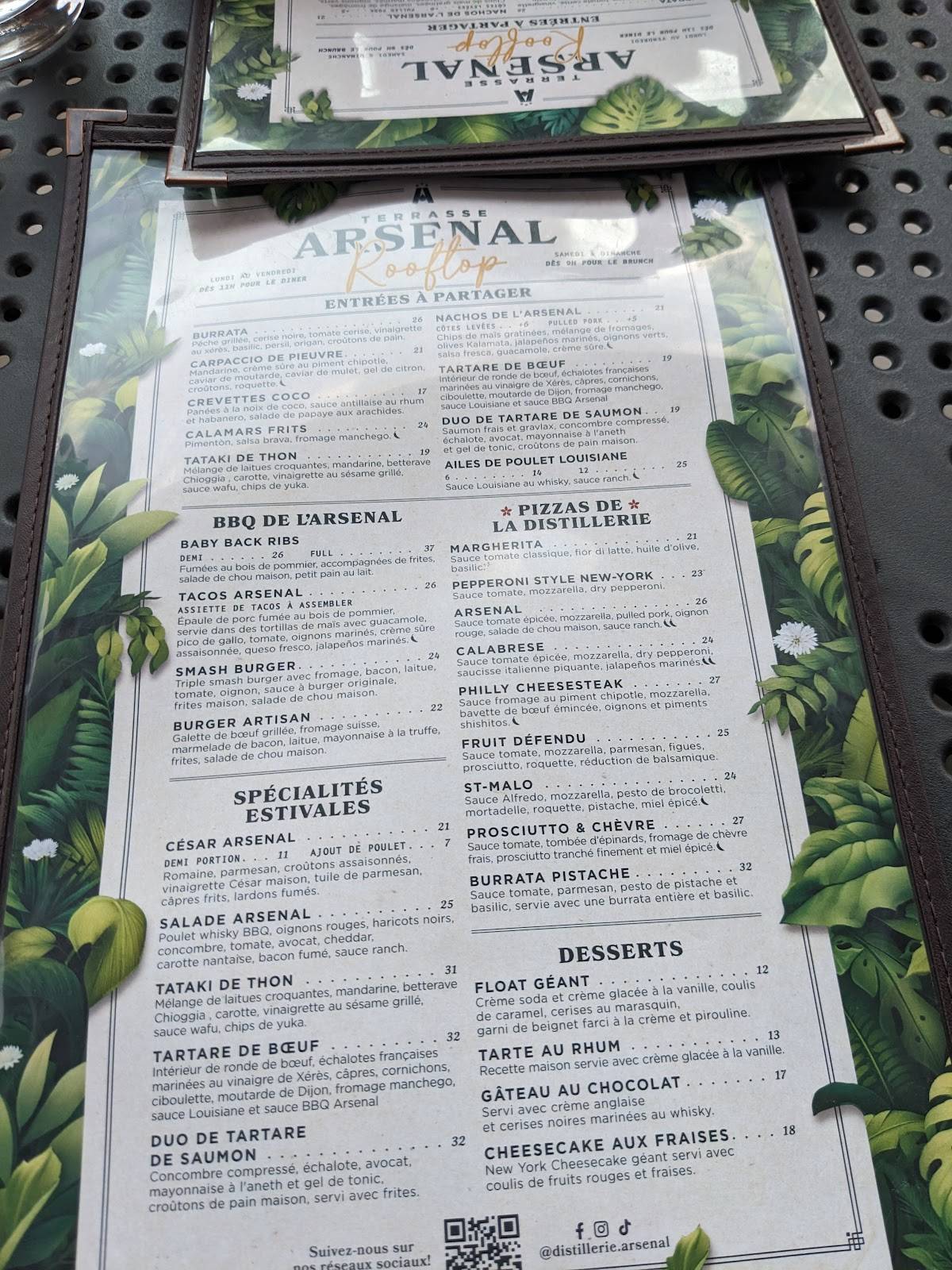 Menu au Restaurant Arsenal & Co., Québec