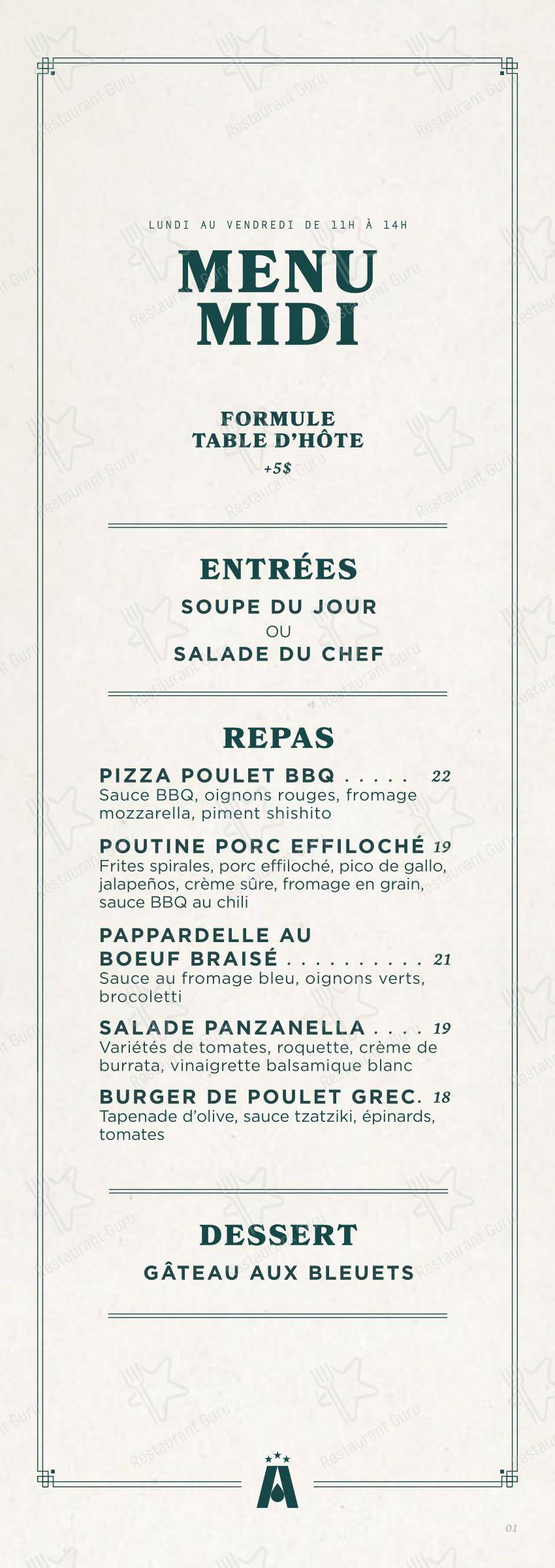 Menu au Restaurant Arsenal & Co., Québec