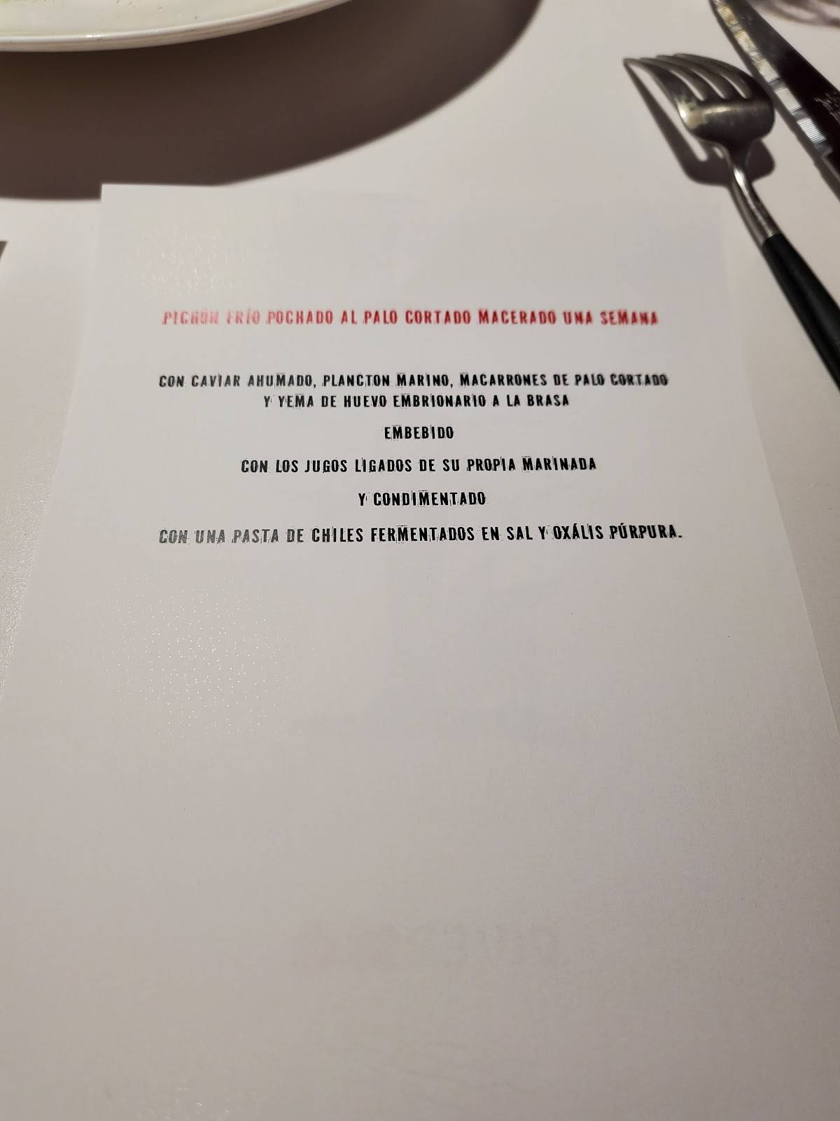 Menu at DiverXO restaurant, Madrid, NH Eurobuilding