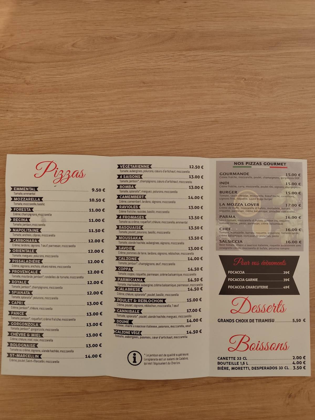 Menu au Divino-Pizzeria-Sassenage-champion de France de la pizza, Sassenage