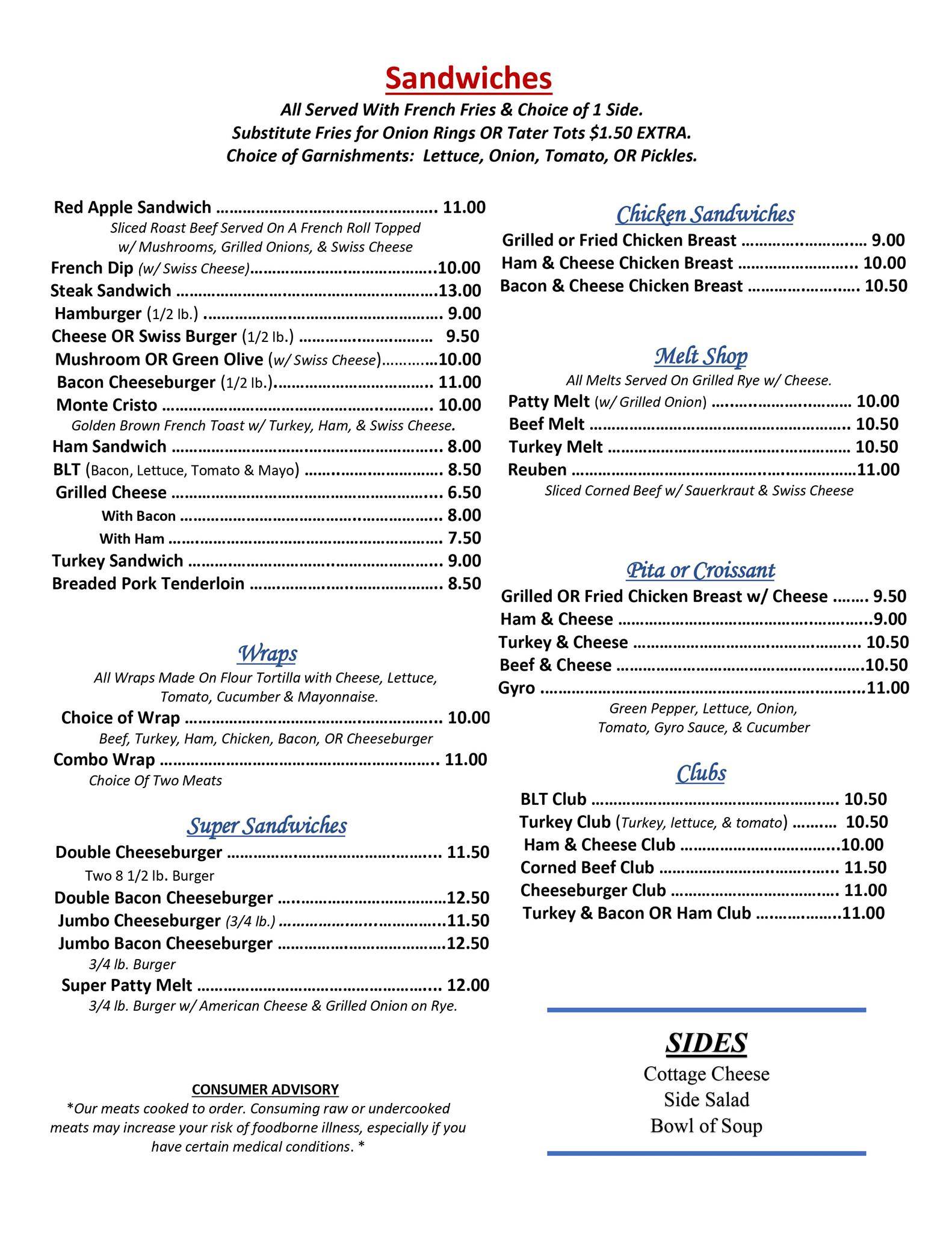 Menu at Red Apple restaurant, Dixon