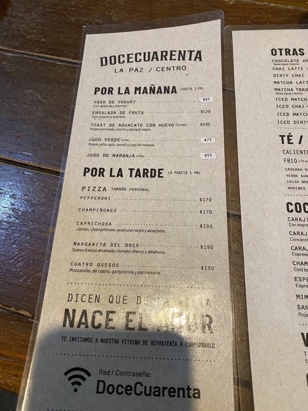 Menu at Doce Cuarenta Coffee & Bakery, La Paz, C. Francisco I. Madero 1240