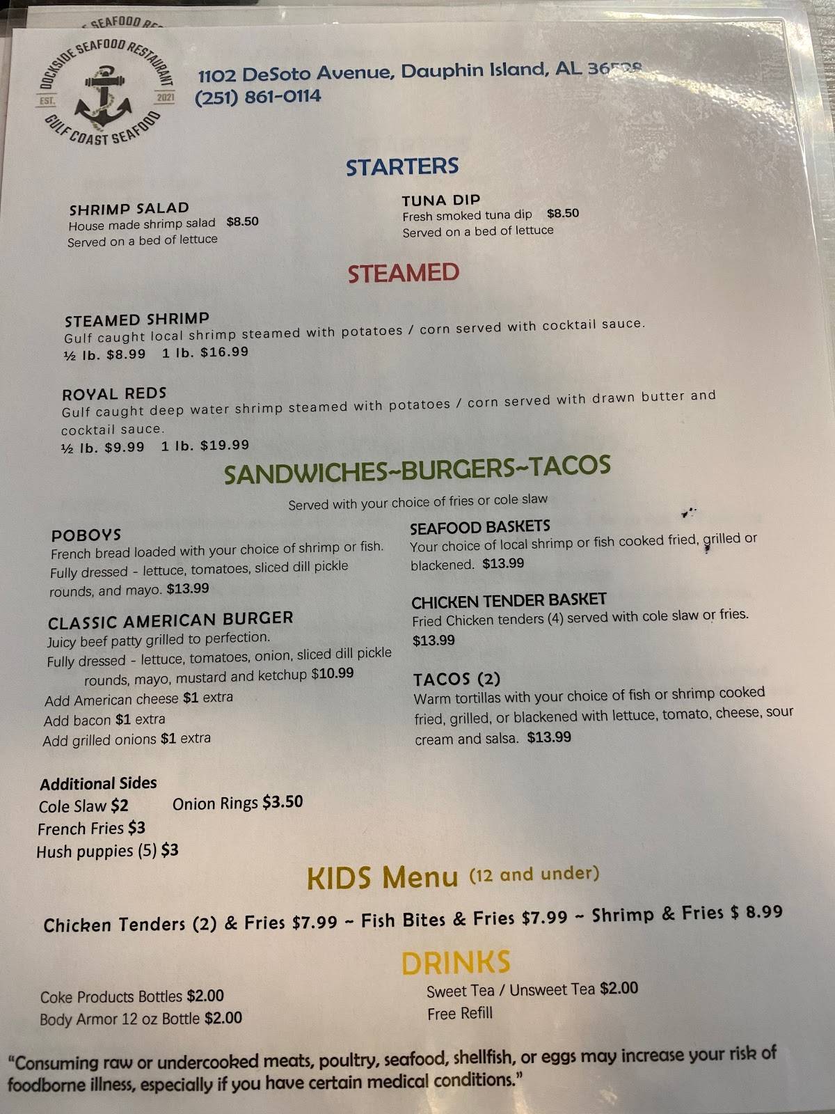 Menu at Dockside Seafood Restaurant, Dauphin Island