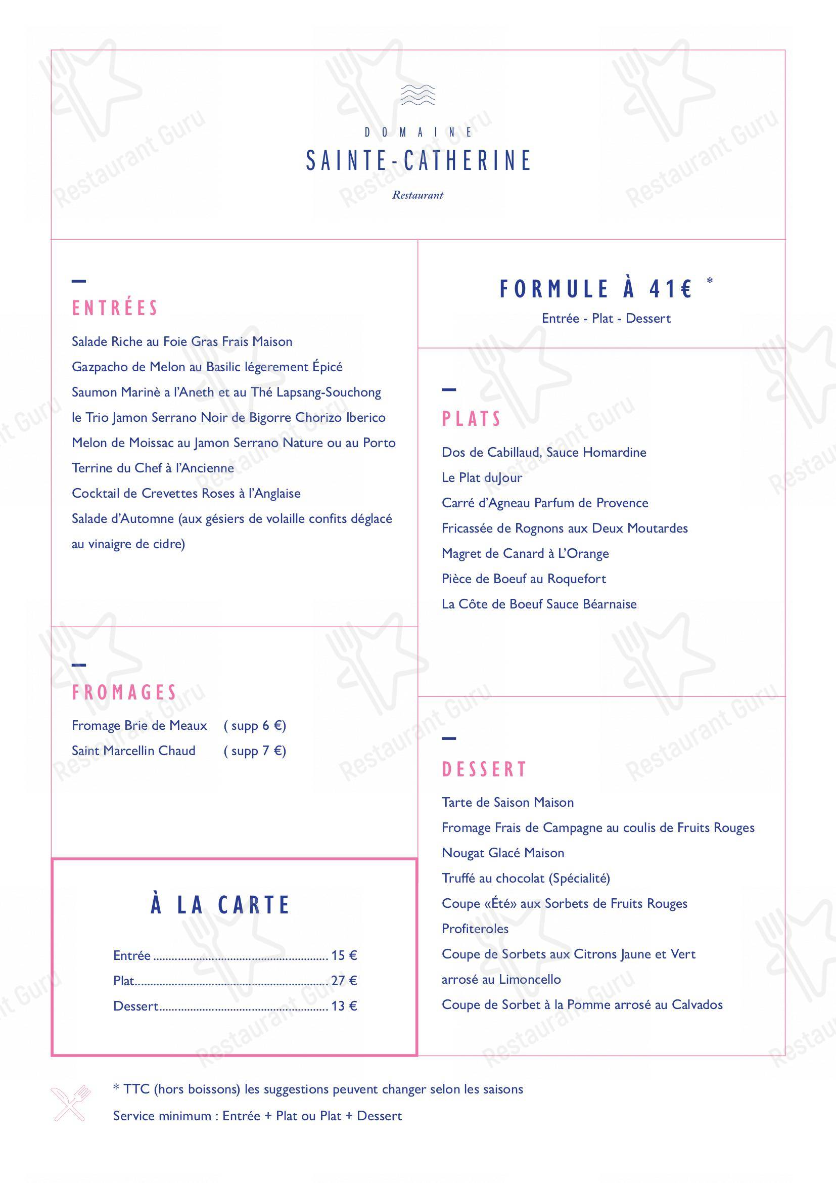 Menu au Domaine Sainte Catherine restaurant, Créteil, 22 All. Centrale