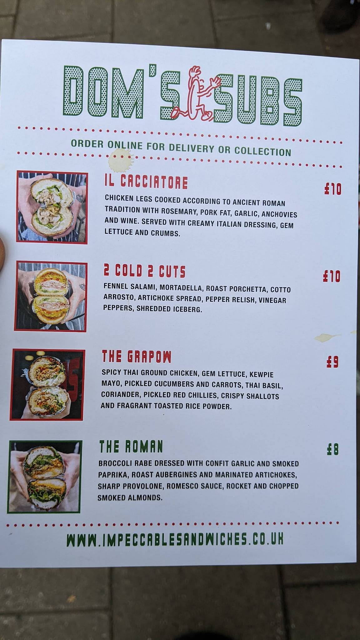 Menu at Dom's Subs restaurant, London, 262 Hackney Rd