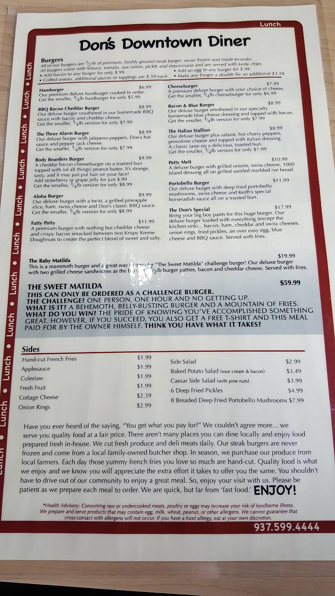 Menu at Don's Downtown Diner restaurant, Bellefontaine