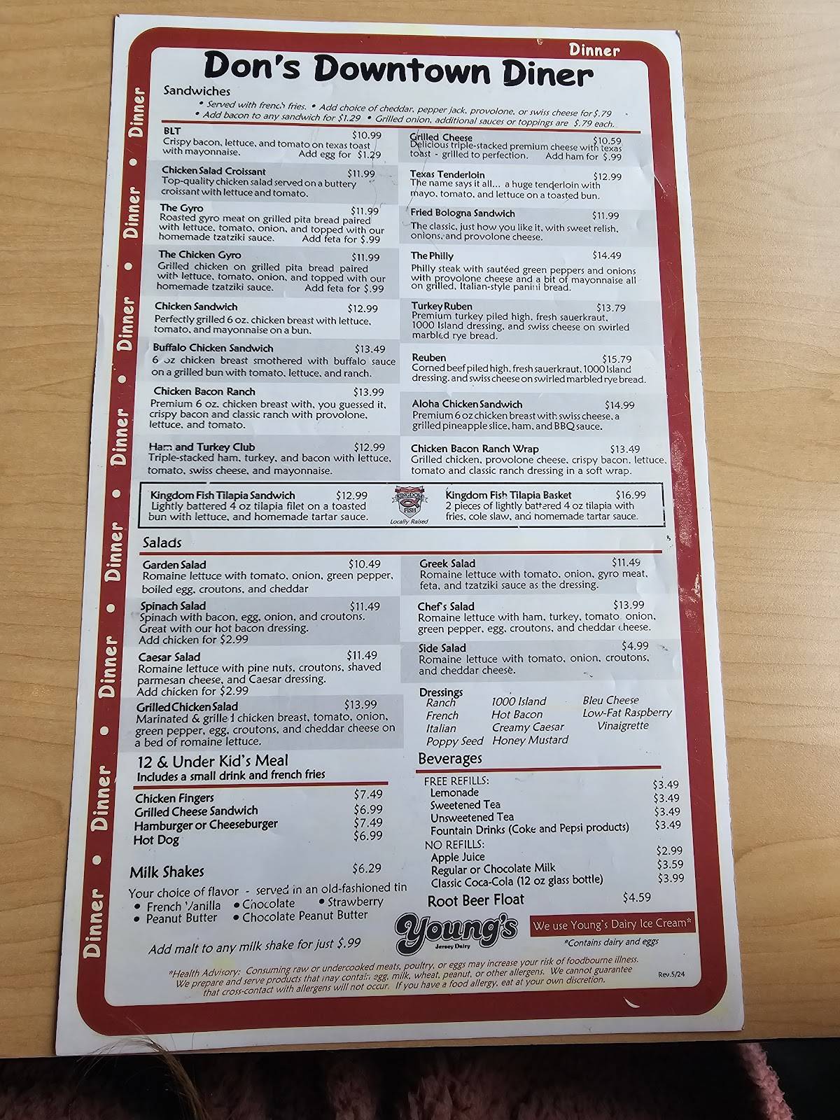 Menu at Don's Downtown Diner restaurant, Bellefontaine