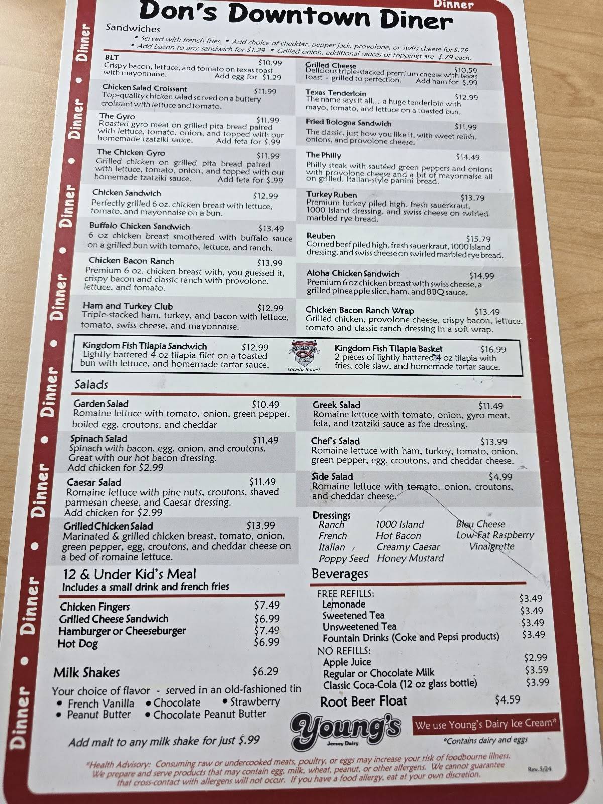 Menu at Don's Downtown Diner restaurant, Bellefontaine