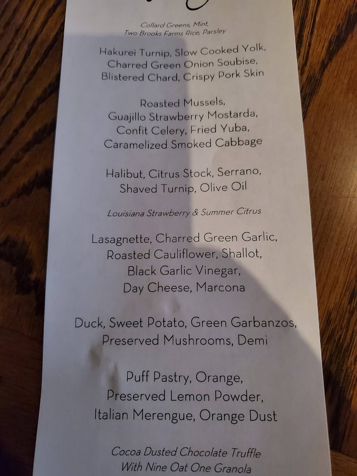 Menu at Dory restaurant, Memphis