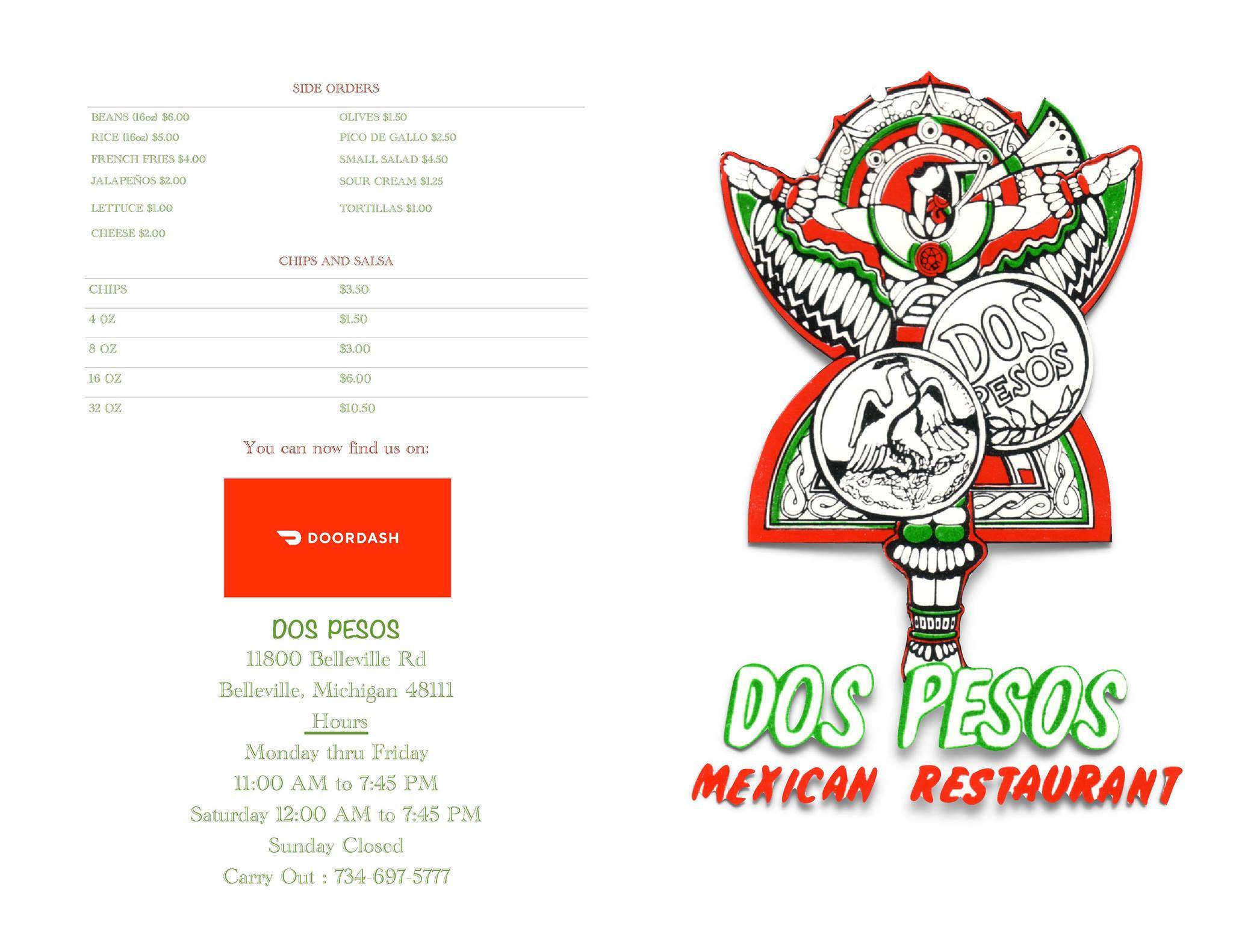 Menu at Dos Pesos Mexican Restaurant, Belleville