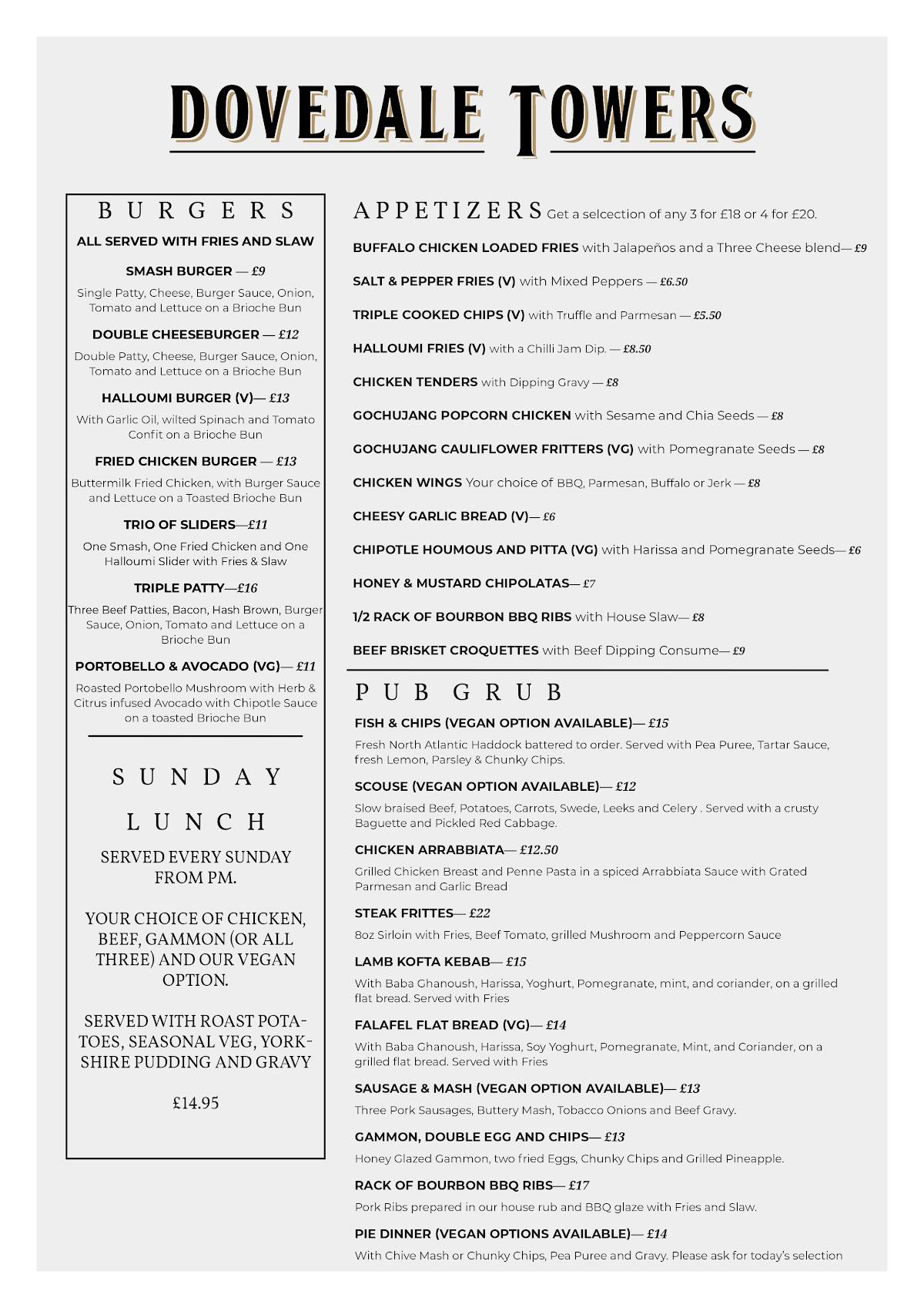 Menu at Dovedale Towers pub & bar, Liverpool