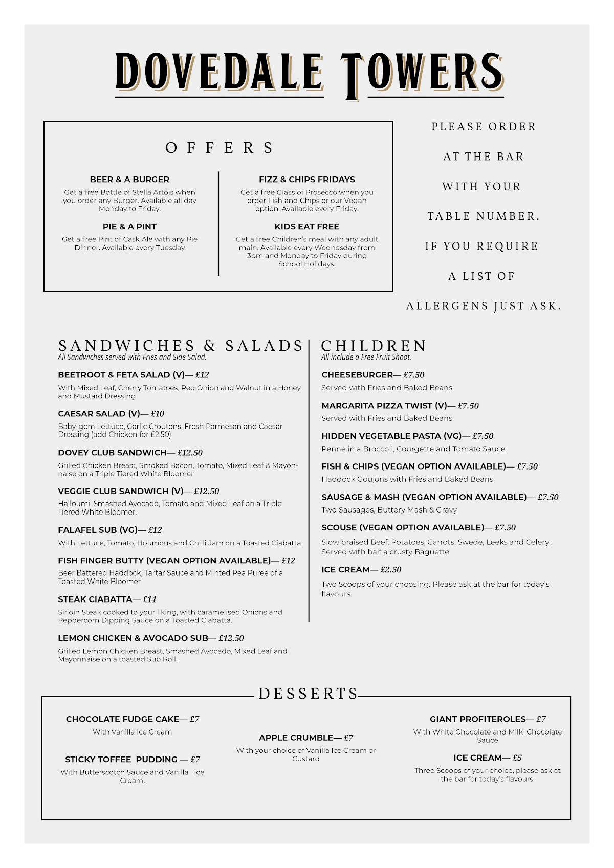 Menu at Dovedale Towers pub & bar, Liverpool
