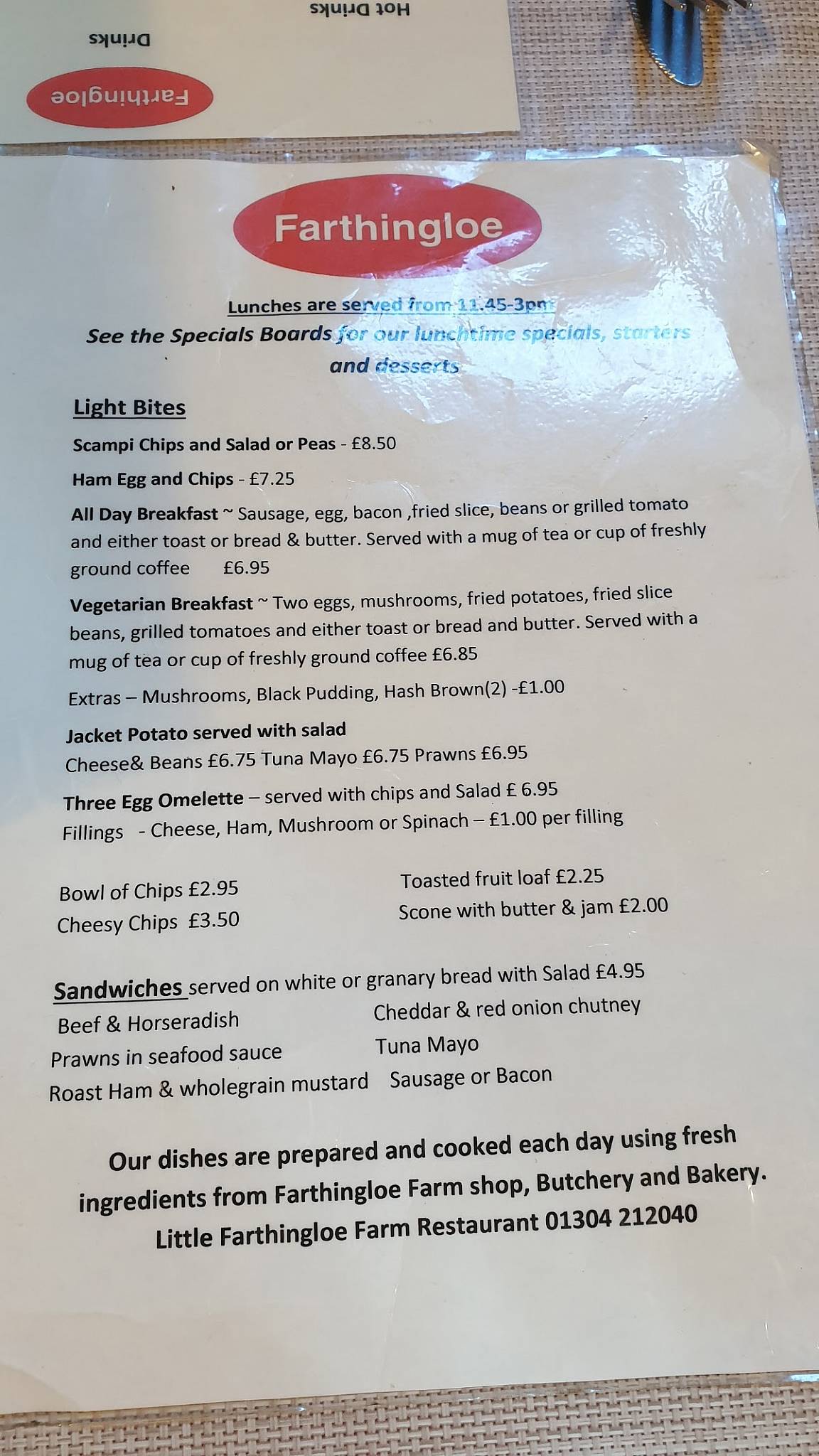 Menu at Little Farthingloe Farm restaurant, Dover