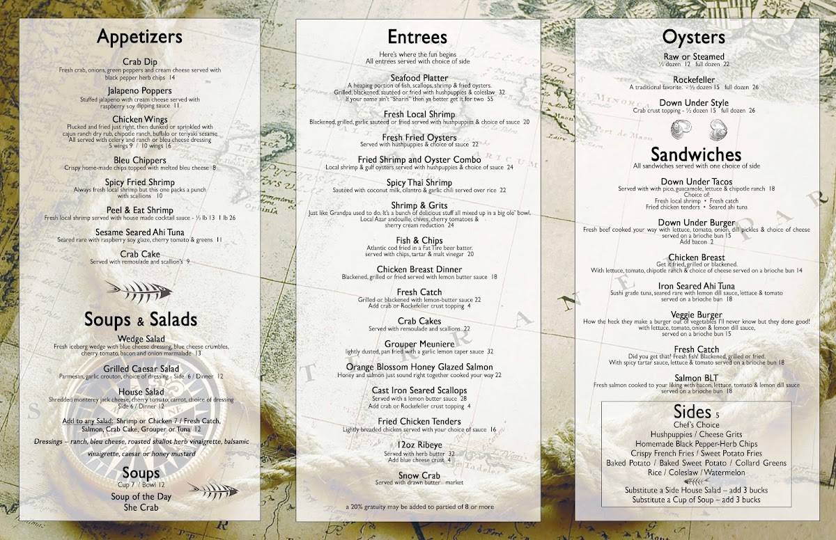 Menu at Down Under Restaurant, Fernandina Beach, Wade's Pl