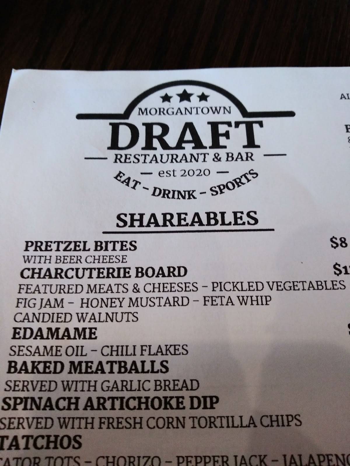 Menu at Draft pub & bar, Morgantown