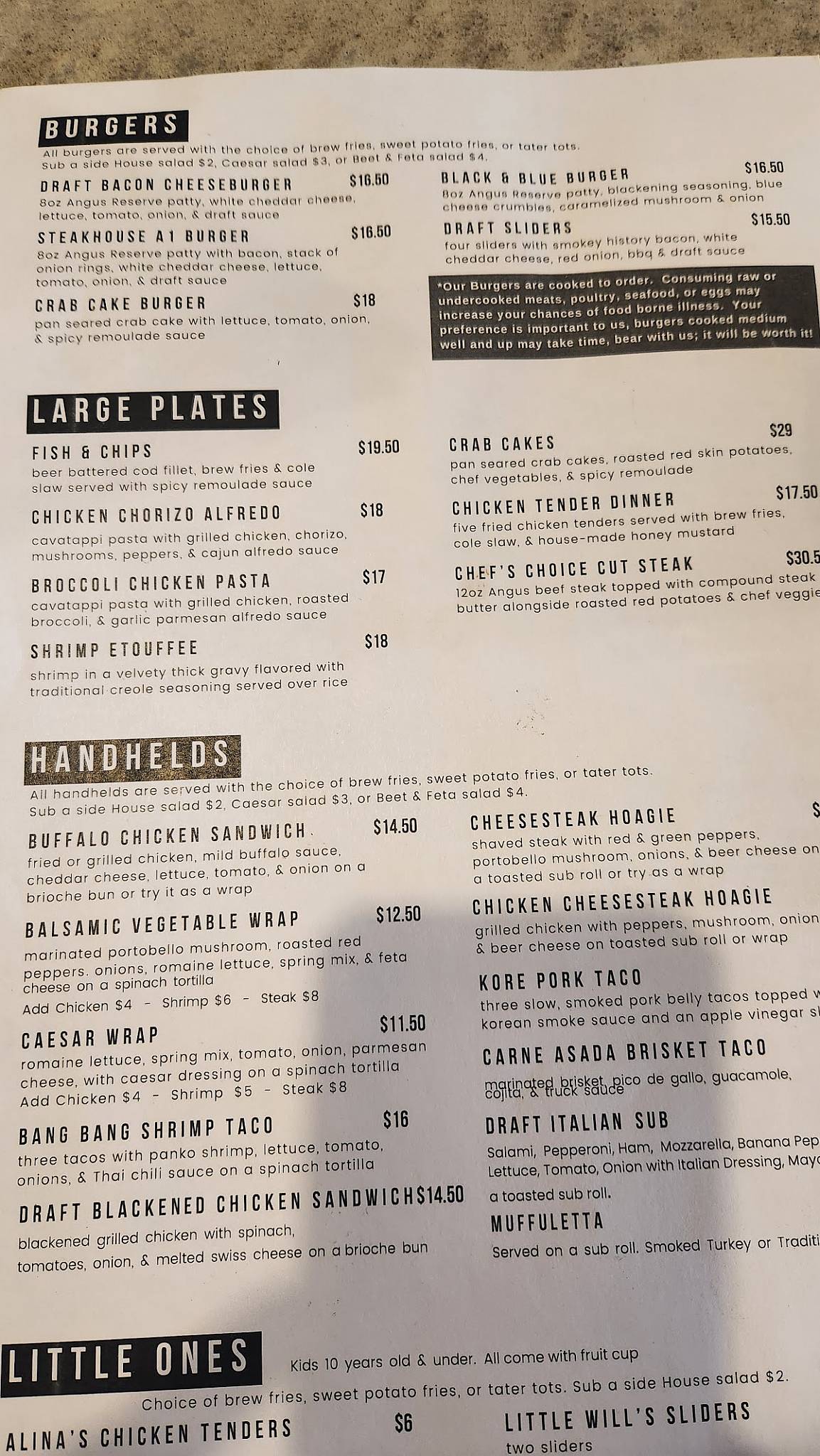Menu at Draft pub & bar, Morgantown