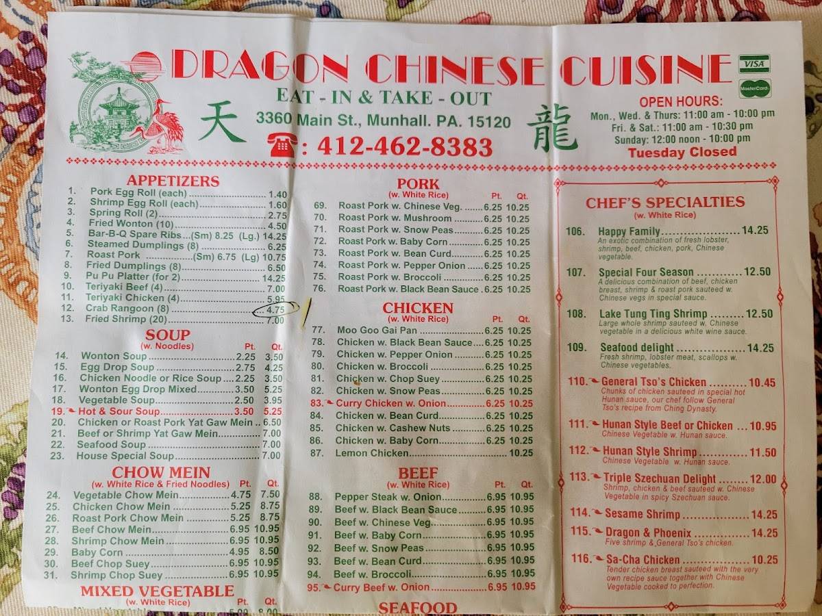 Menu at Dragon Chinese Cuisine restaurant, Munhall