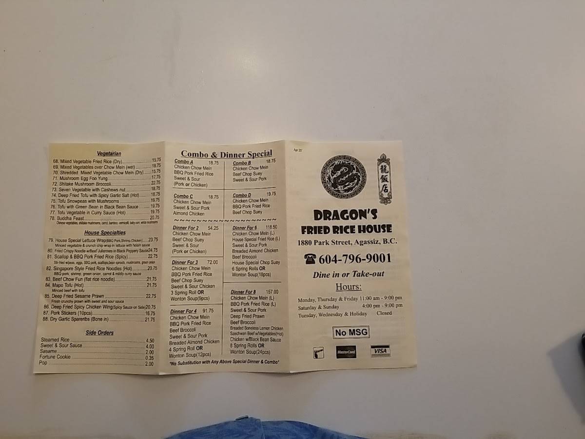 Menu at Dragon Fried Rice House restaurant, Agassiz