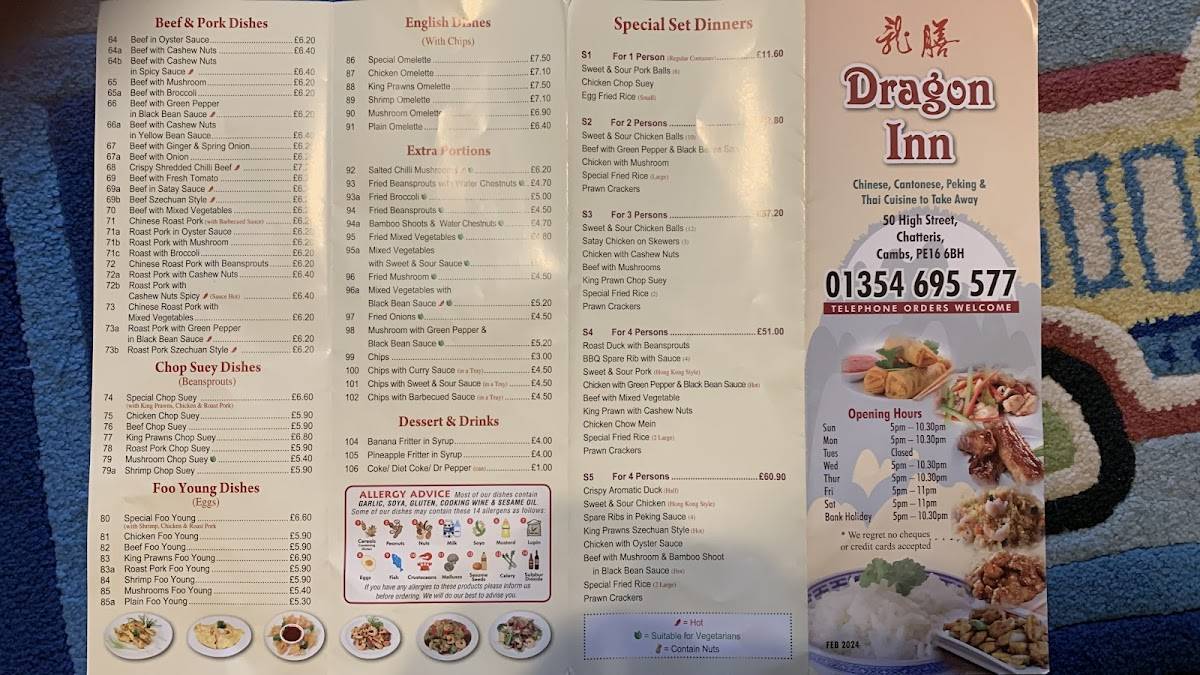 Menu at Dragon Inn fast food, Chatteris