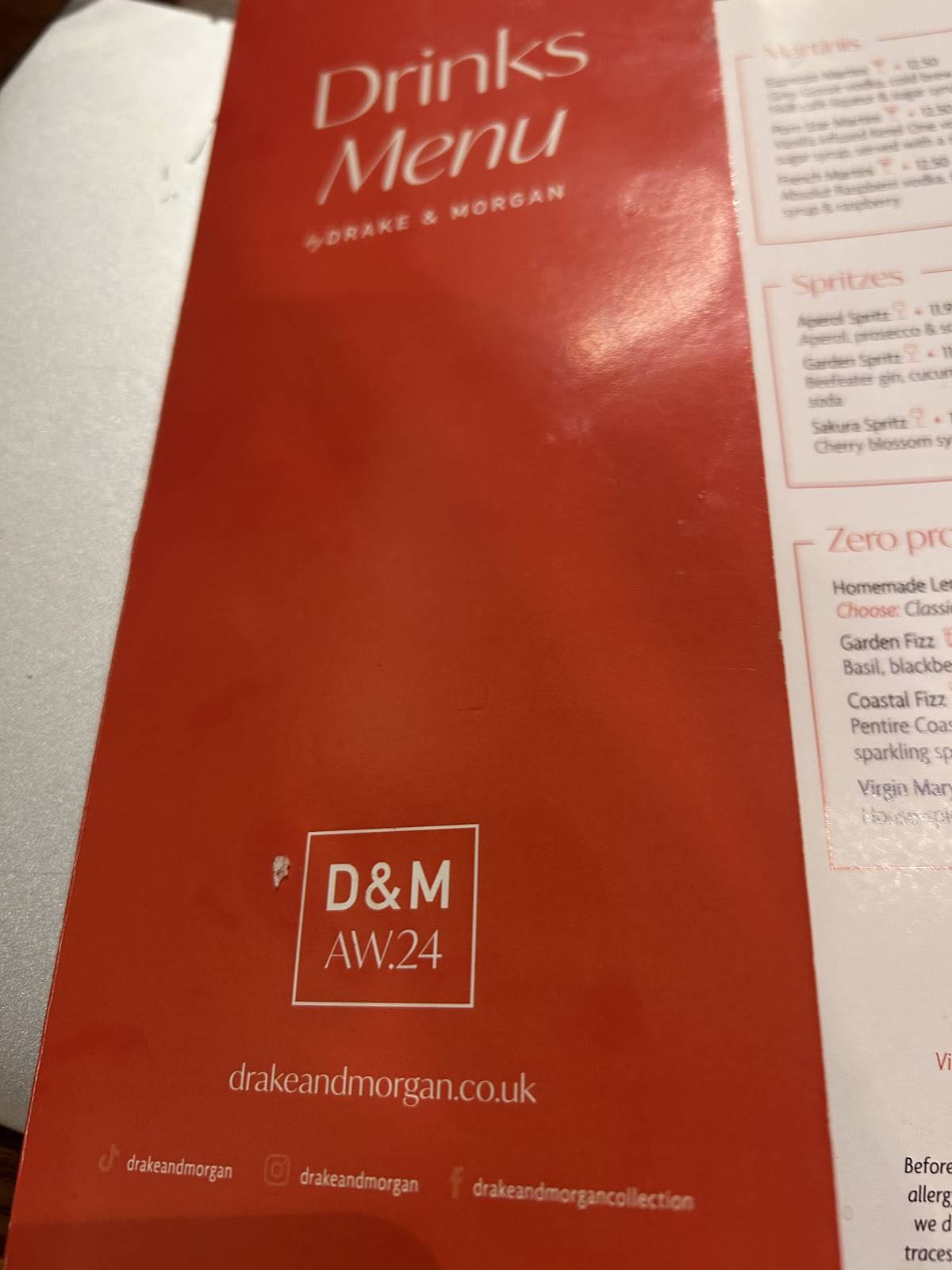 Menu at Drake & Morgan pub & bar, London, 6 Pancras Sq