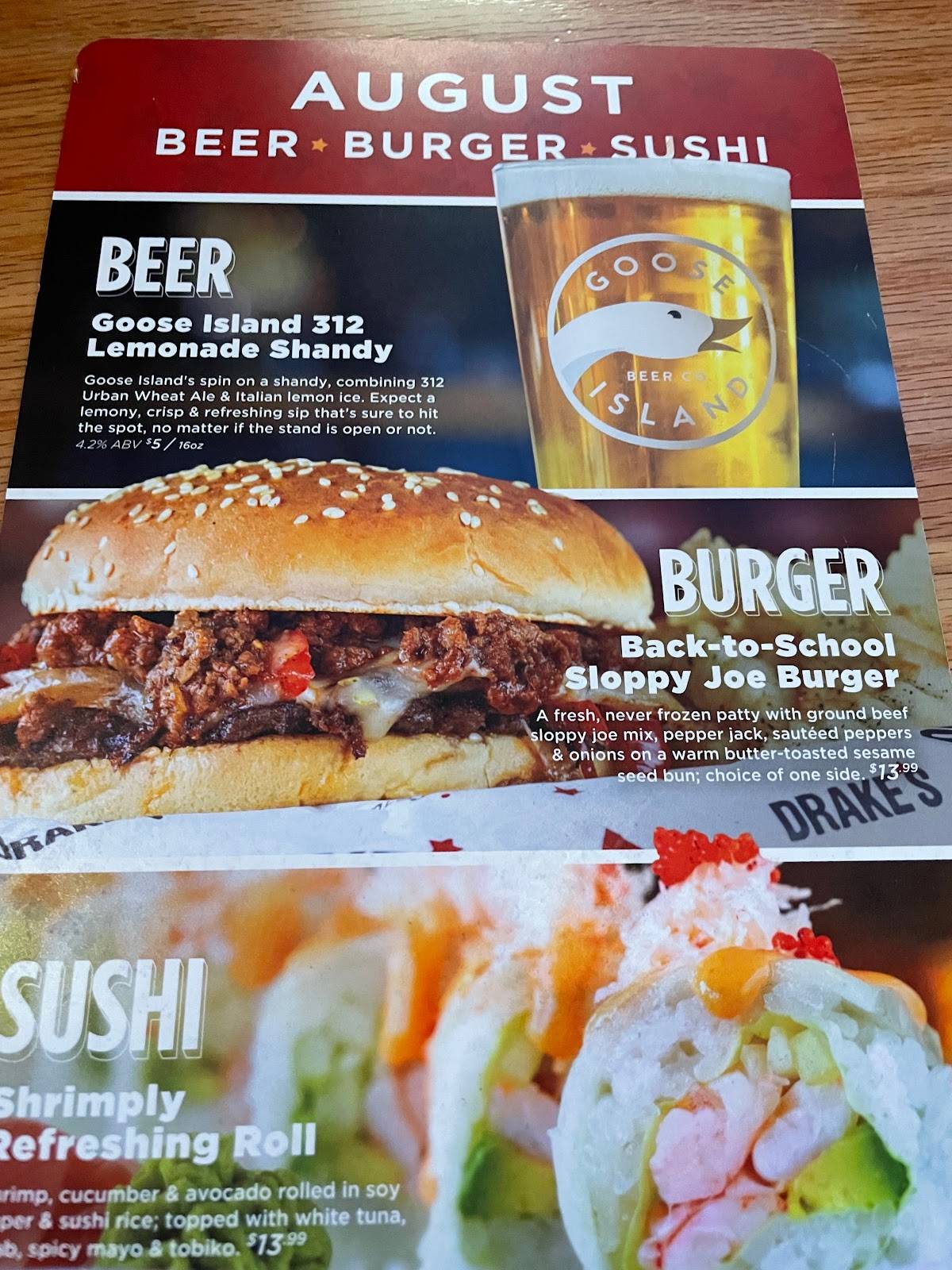 Menu at Drake’s Shiloh restaurant, O'Fallon