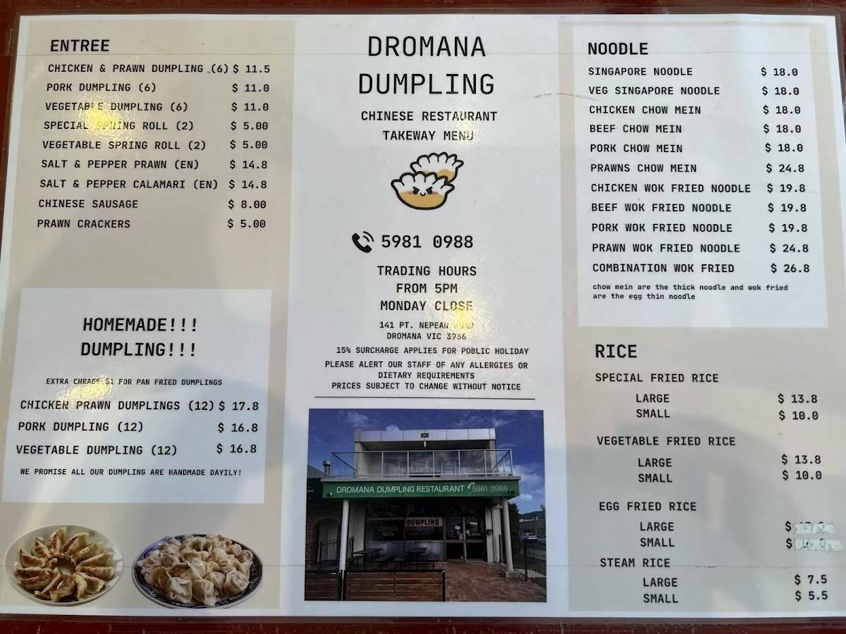 Menu at Dromana Dumpling restaurant, Dromana