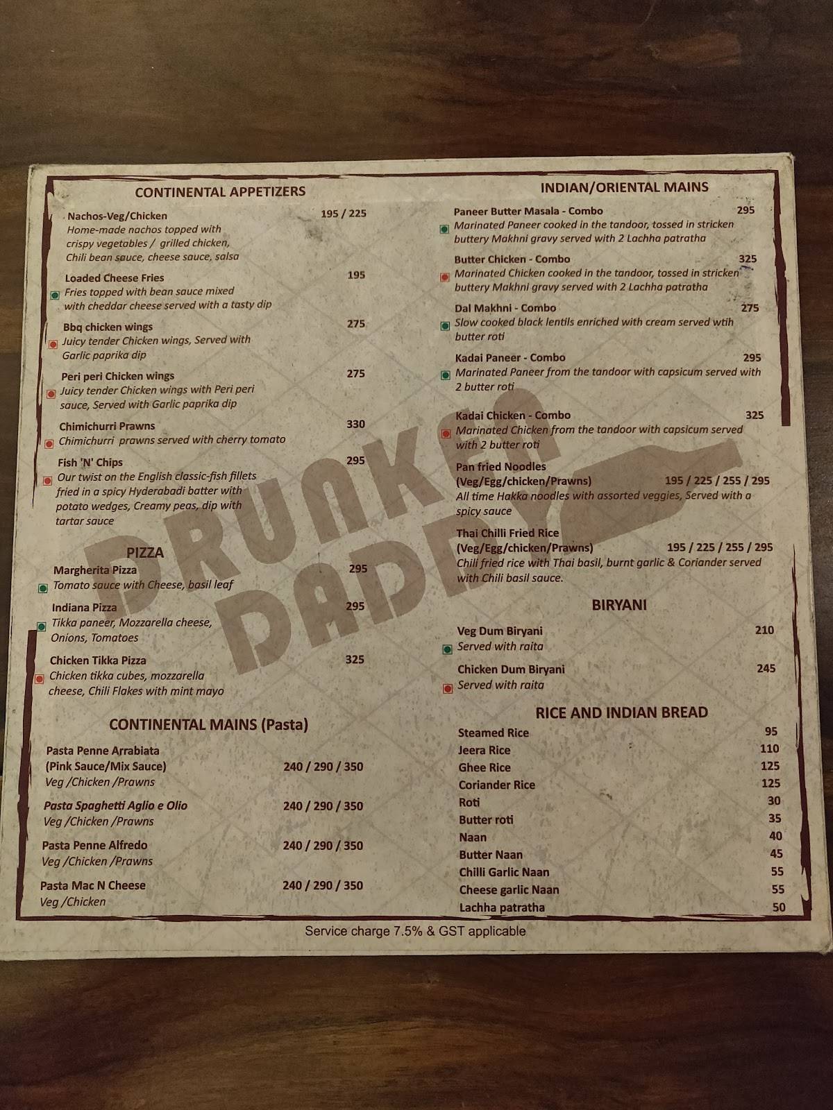 Menu at Drunken Daddy, Bengaluru