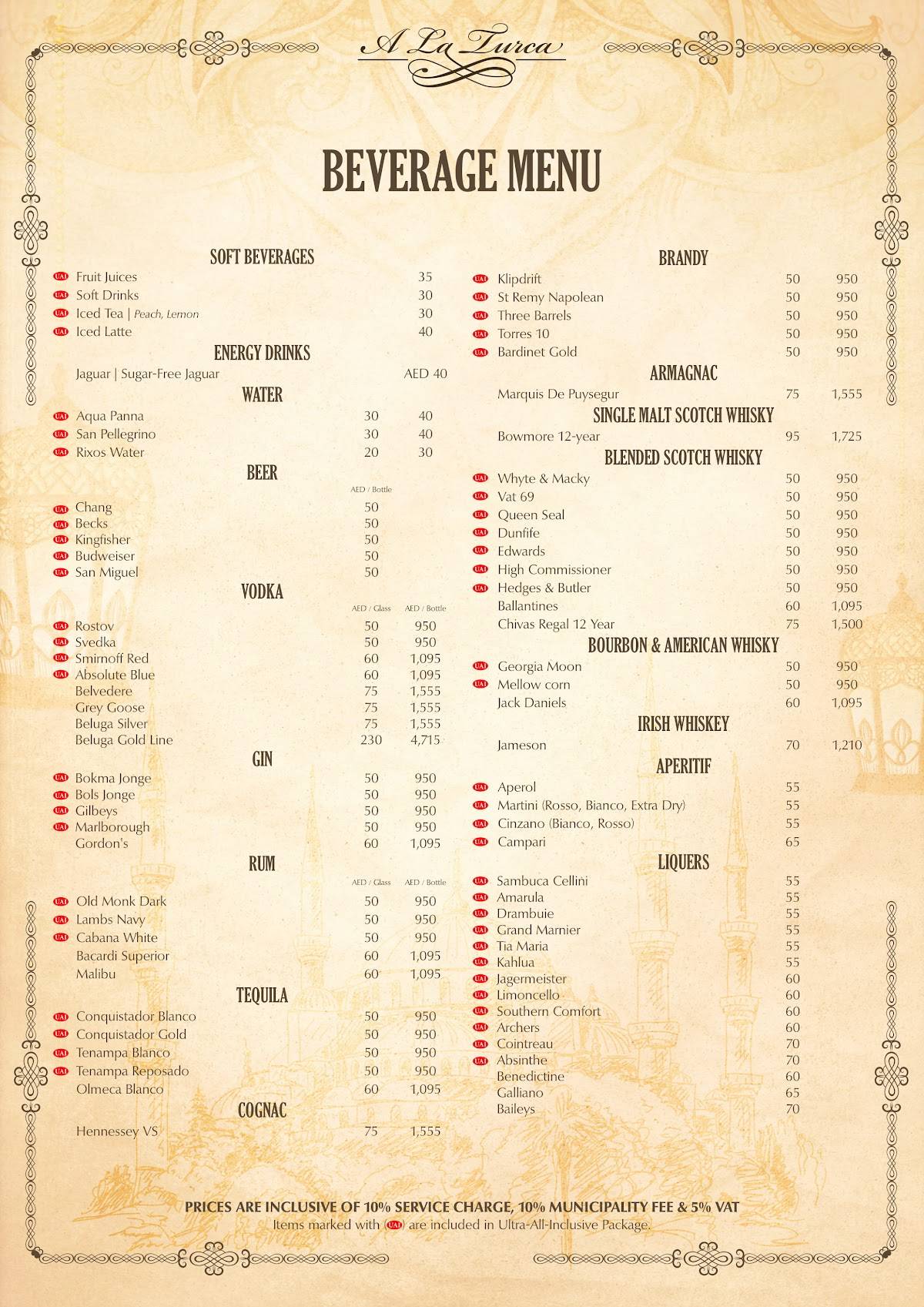 Menu at A La Turca restaurant, Dubai