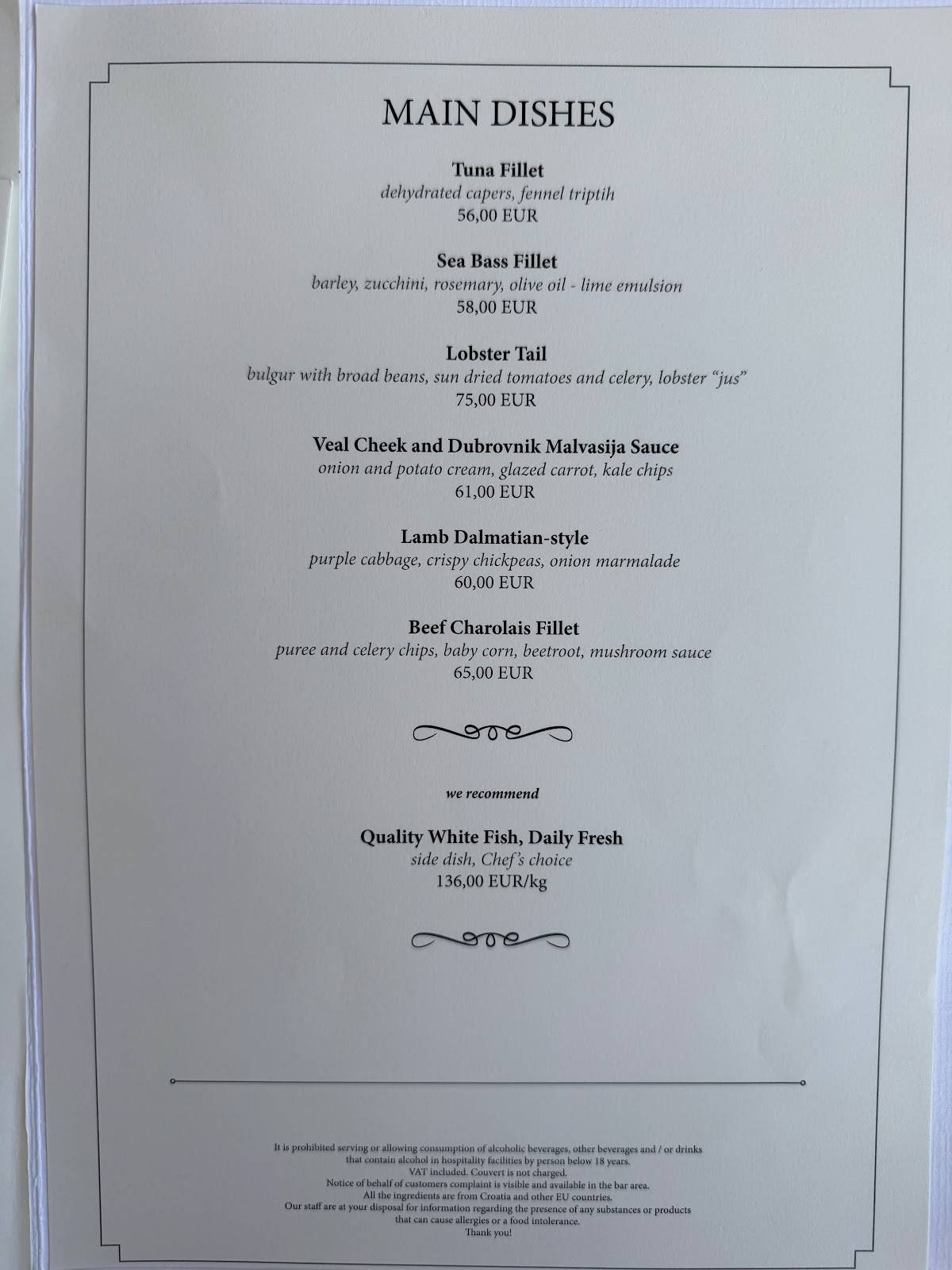Menu at Nautika restaurant, Dubrovnik