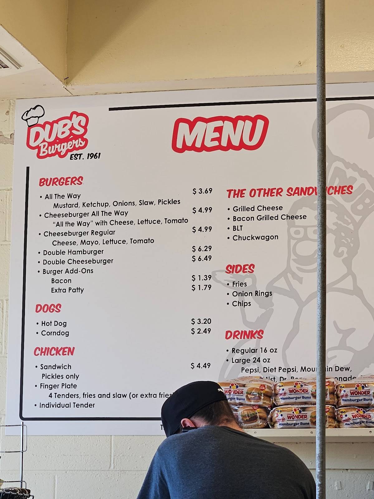 Menu at Dub's Burgers restaurant, Athens