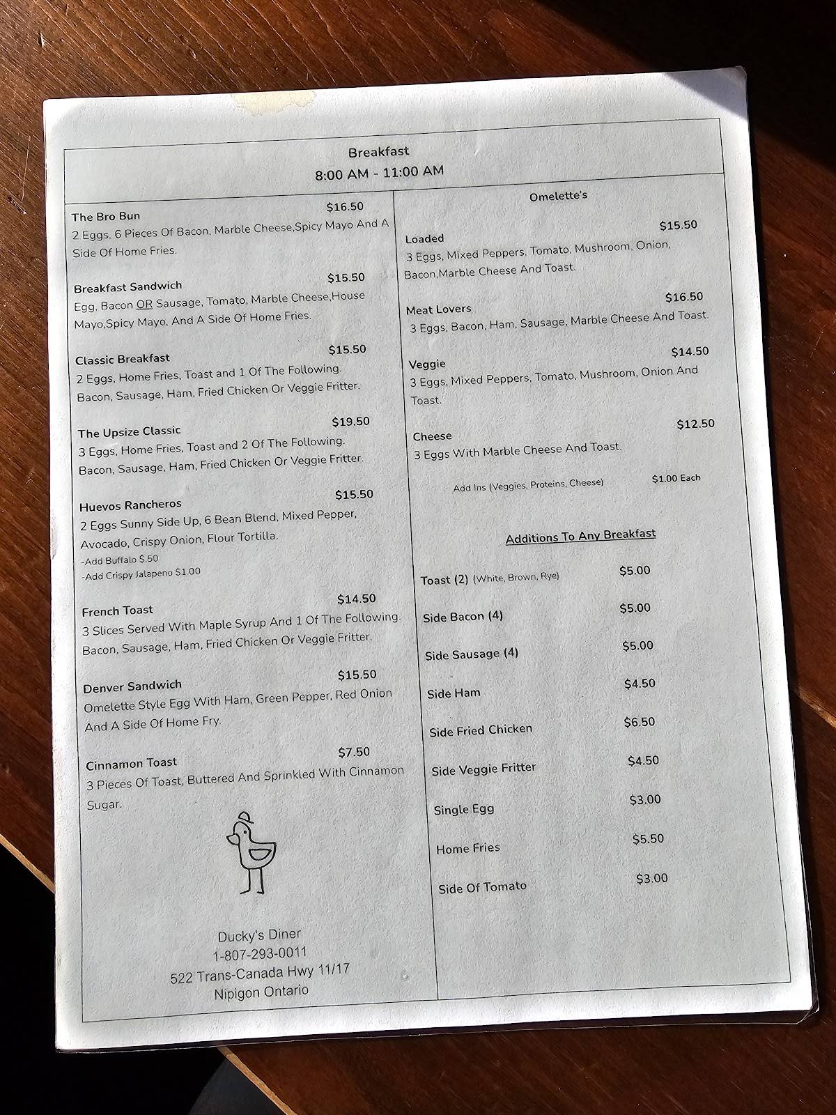Menu at Ducky’s Diner restaurant, Nipigon