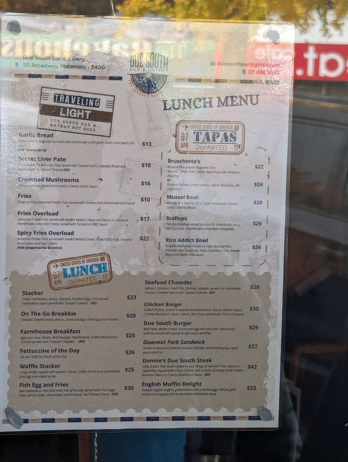 Menu at Due South Bar & Eatery, Matamata