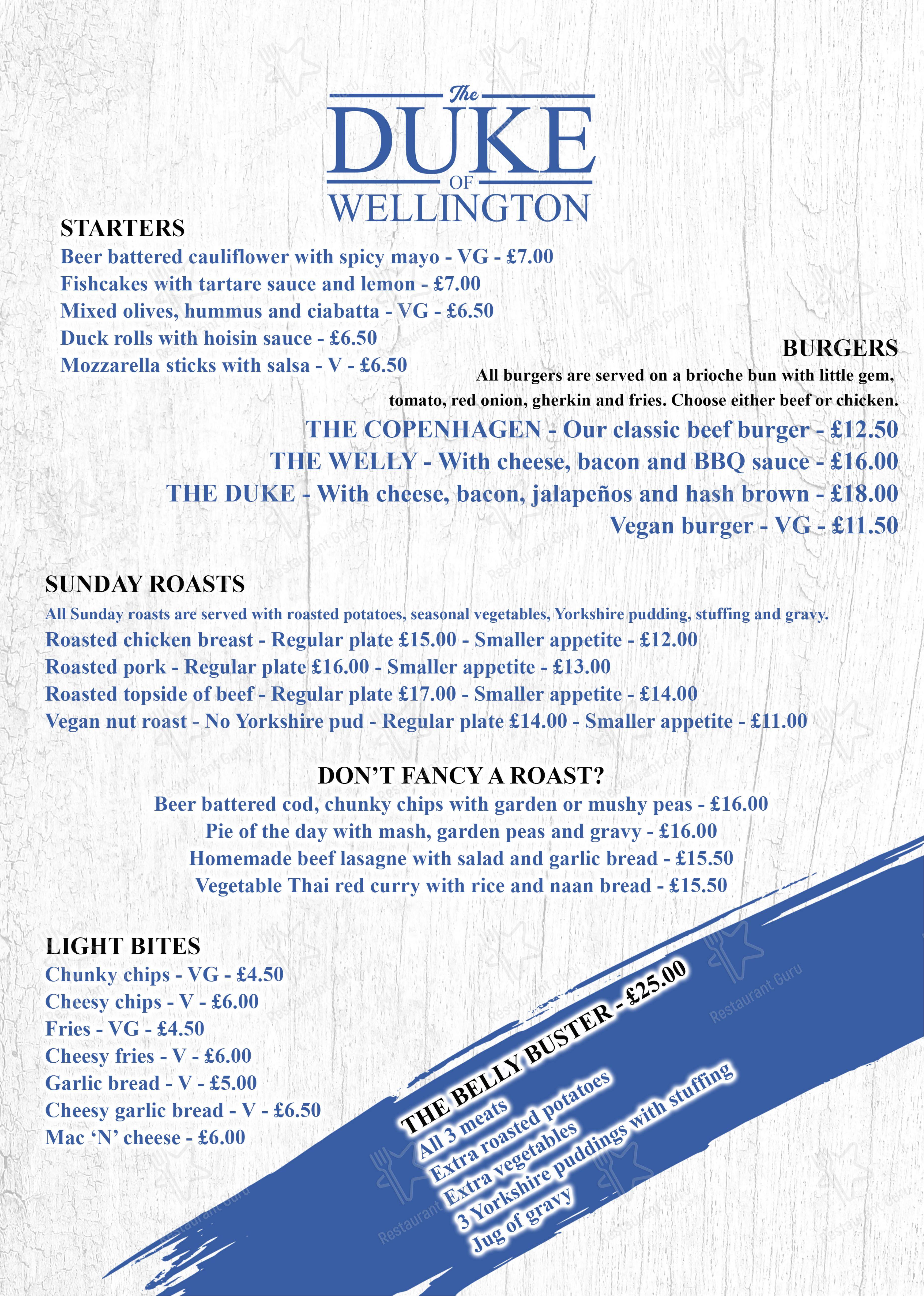 Menu at Duke of Wellington pub & bar, Southampton