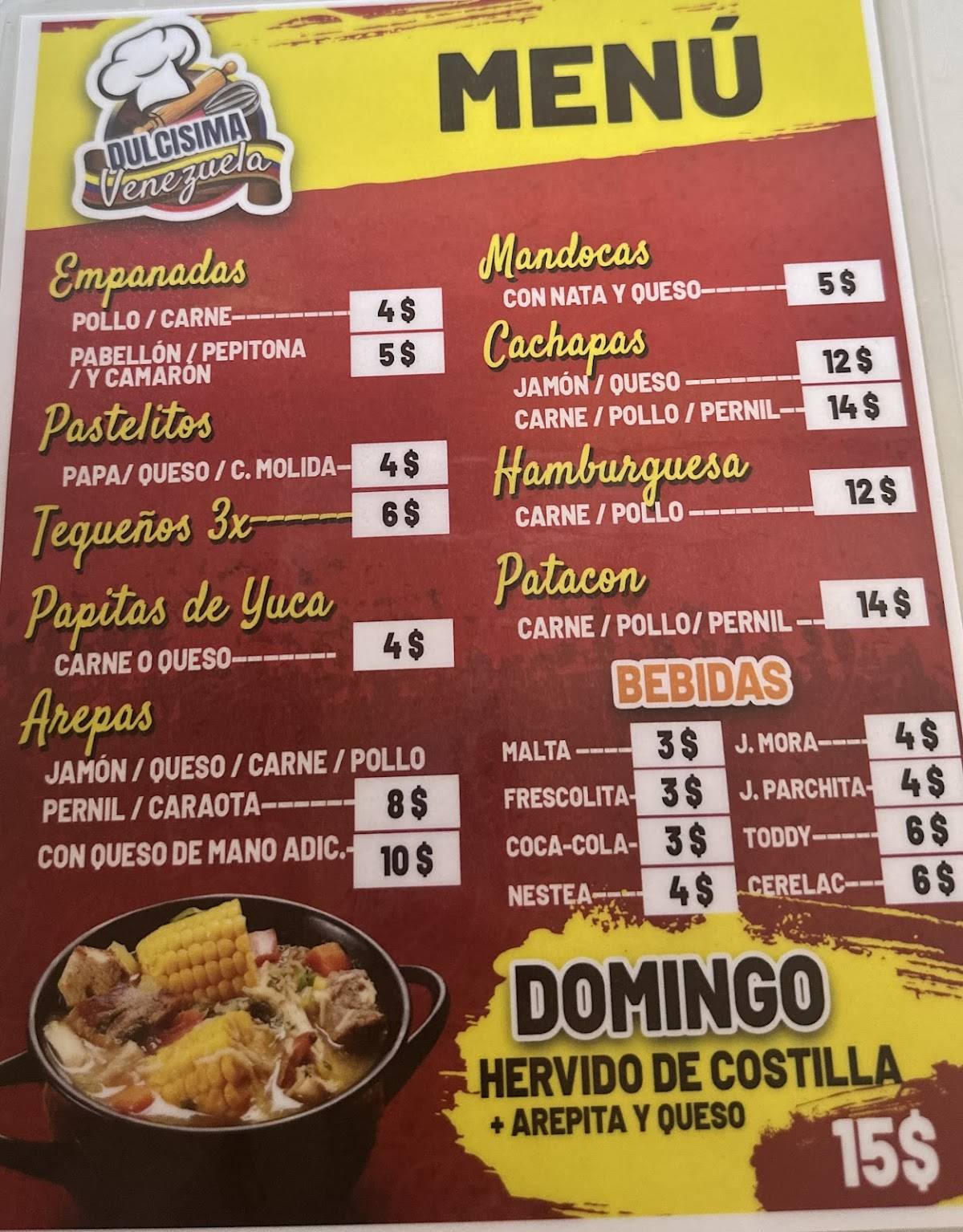 Carta del restaurante Dulcísima Venezuela, Nashville
