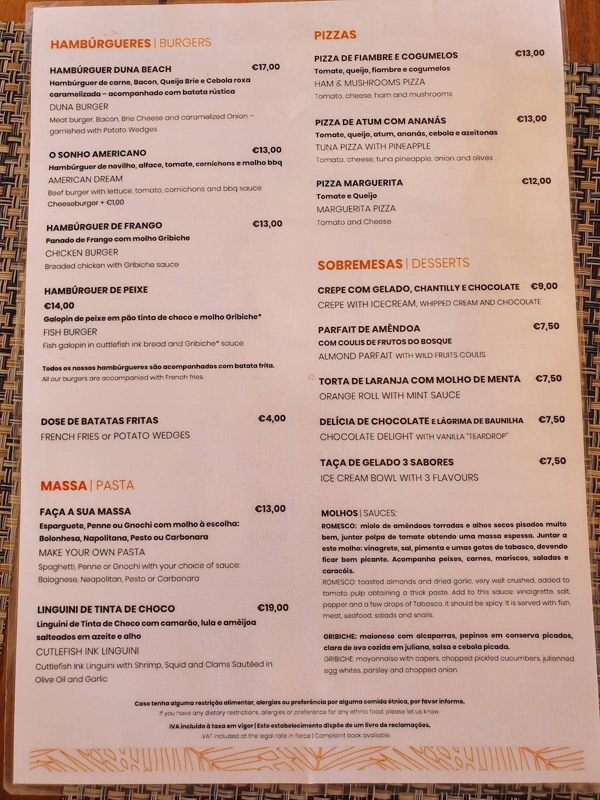 Menu em Bar Duna Beach, Lagos