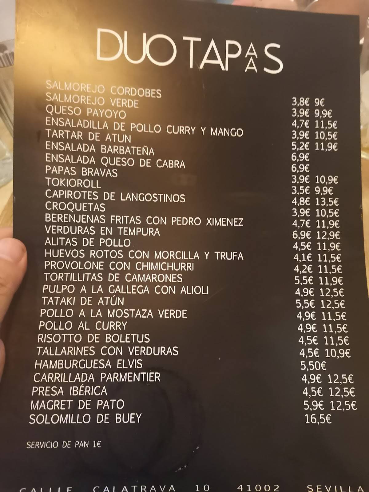 Carta del pub y bar Dúo Tapas, Sevilla