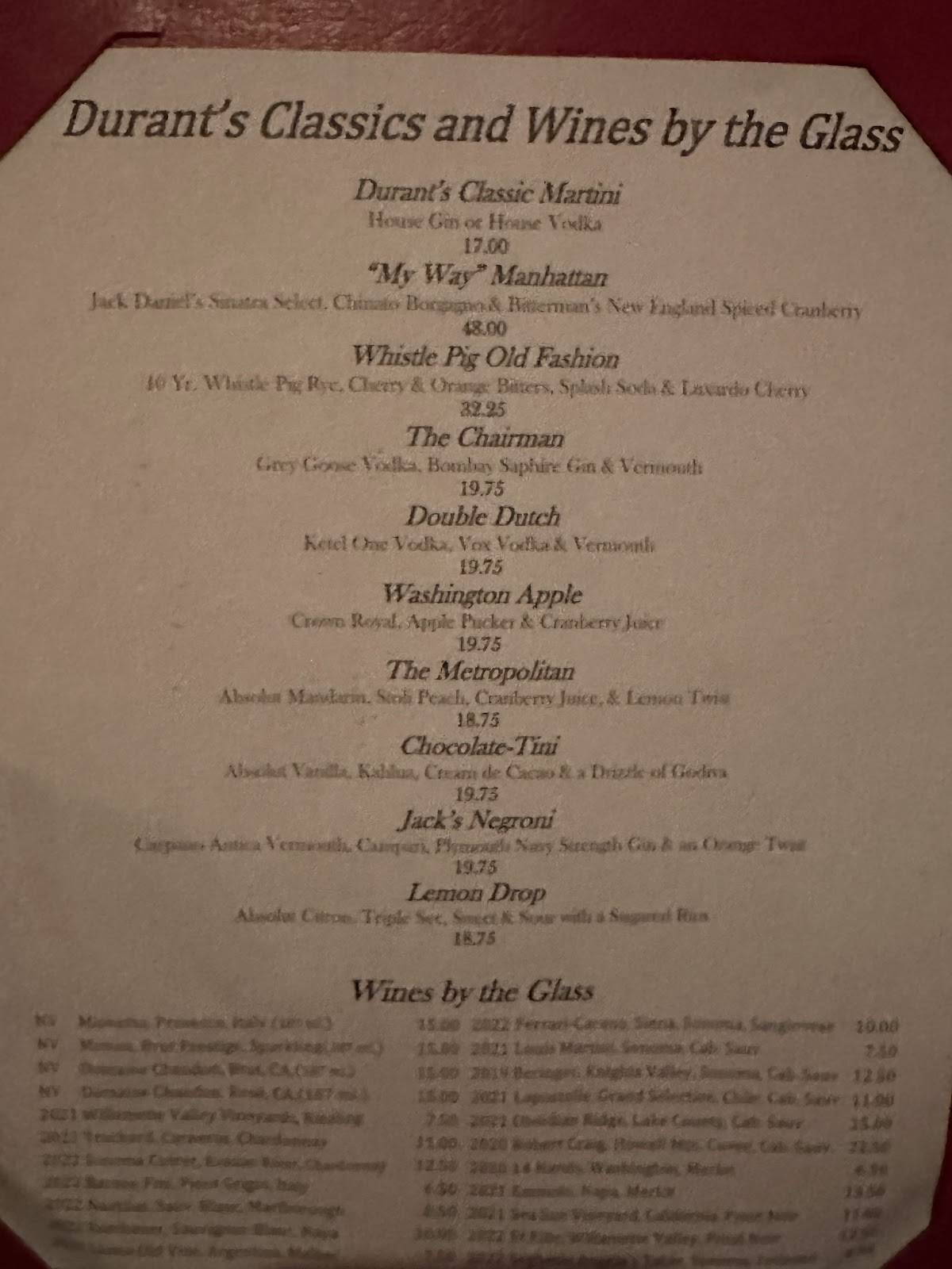 Menu at Durant's pub & bar, Phoenix