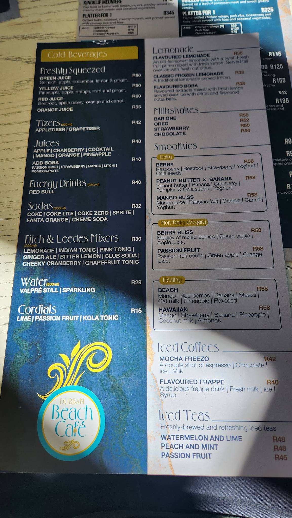 Menu at Durban Beach Cafe, Durban, 1 Snell Parade