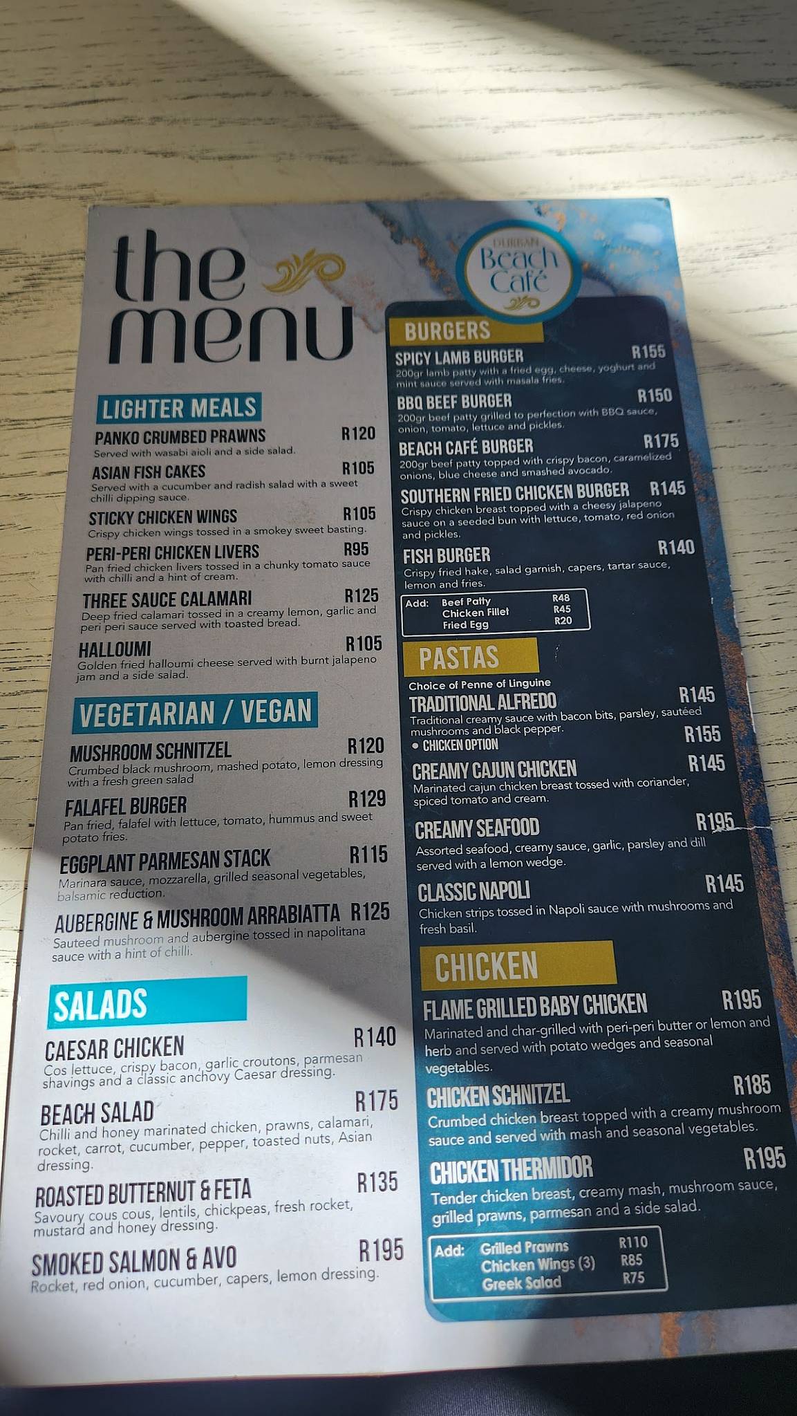 Menu at Durban Beach Cafe, Durban, 1 Snell Parade