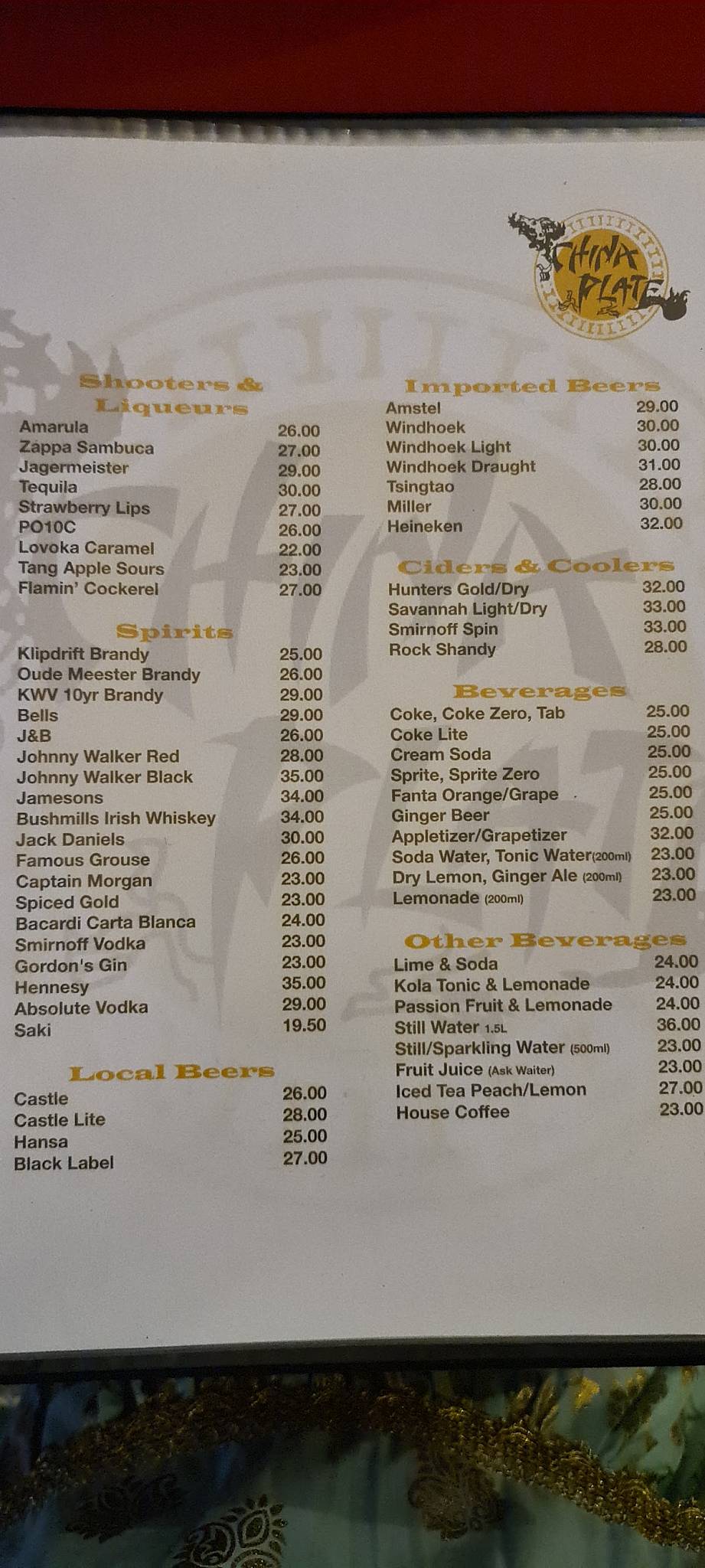 Menu at China Plate restaurant, Durban