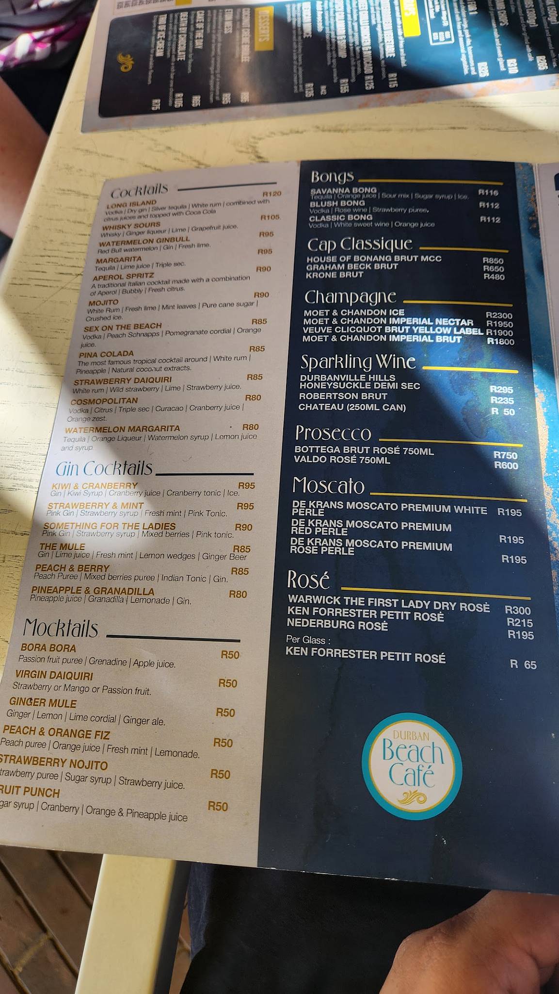 Menu at Durban Beach Cafe, Durban, 1 Snell Parade