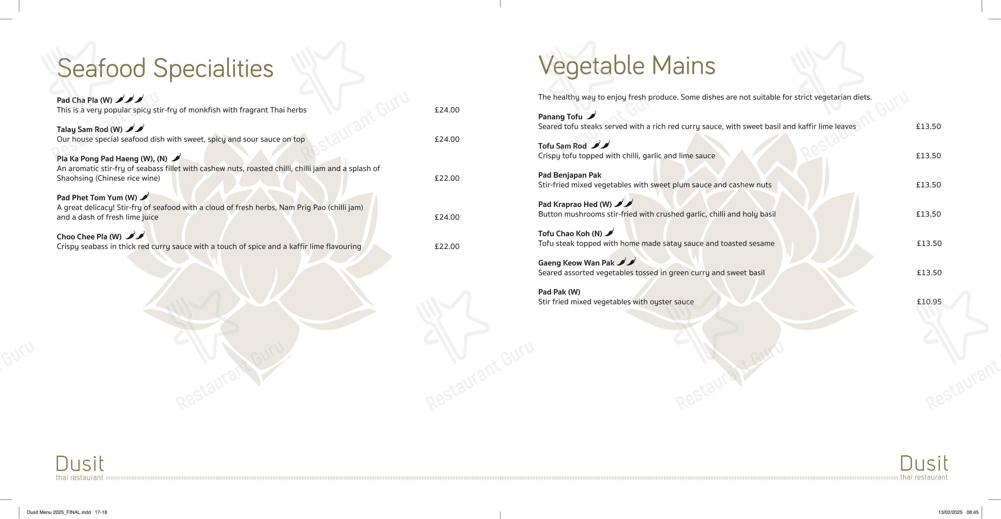 Carta del restaurante Dusit, Edimburgo