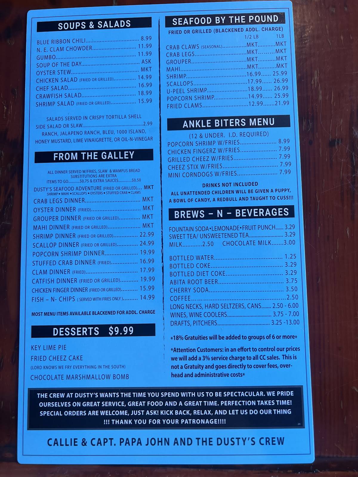 Menu at Dusty's Oyster Bar, Panama City Beach
