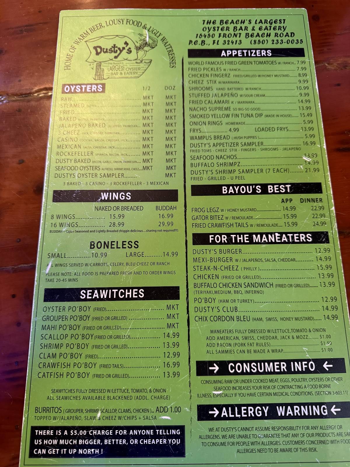 Menu at Dusty's Oyster Bar, Panama City Beach