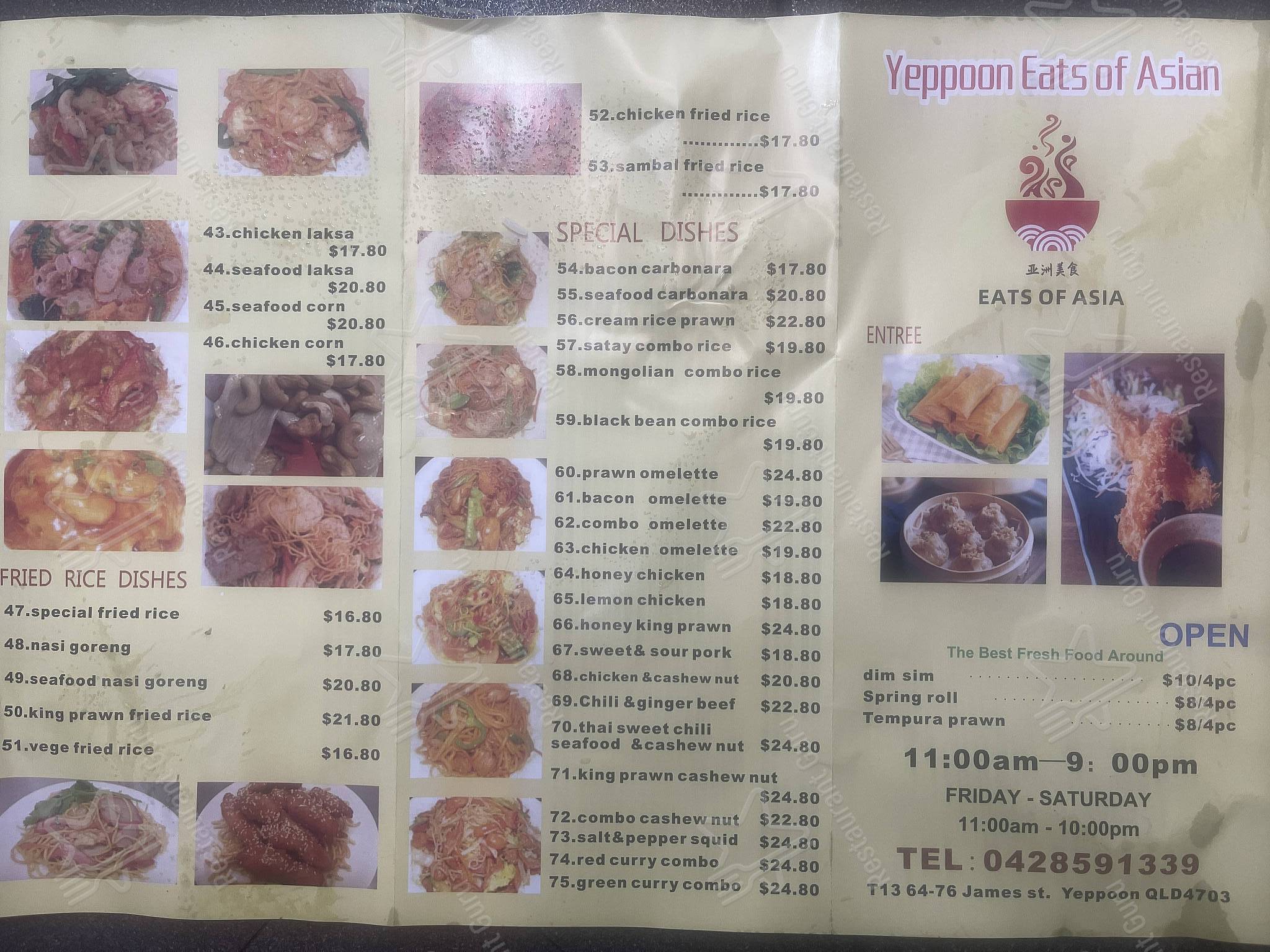 Menu at EATS OF ASIA restaurant, Yeppoon